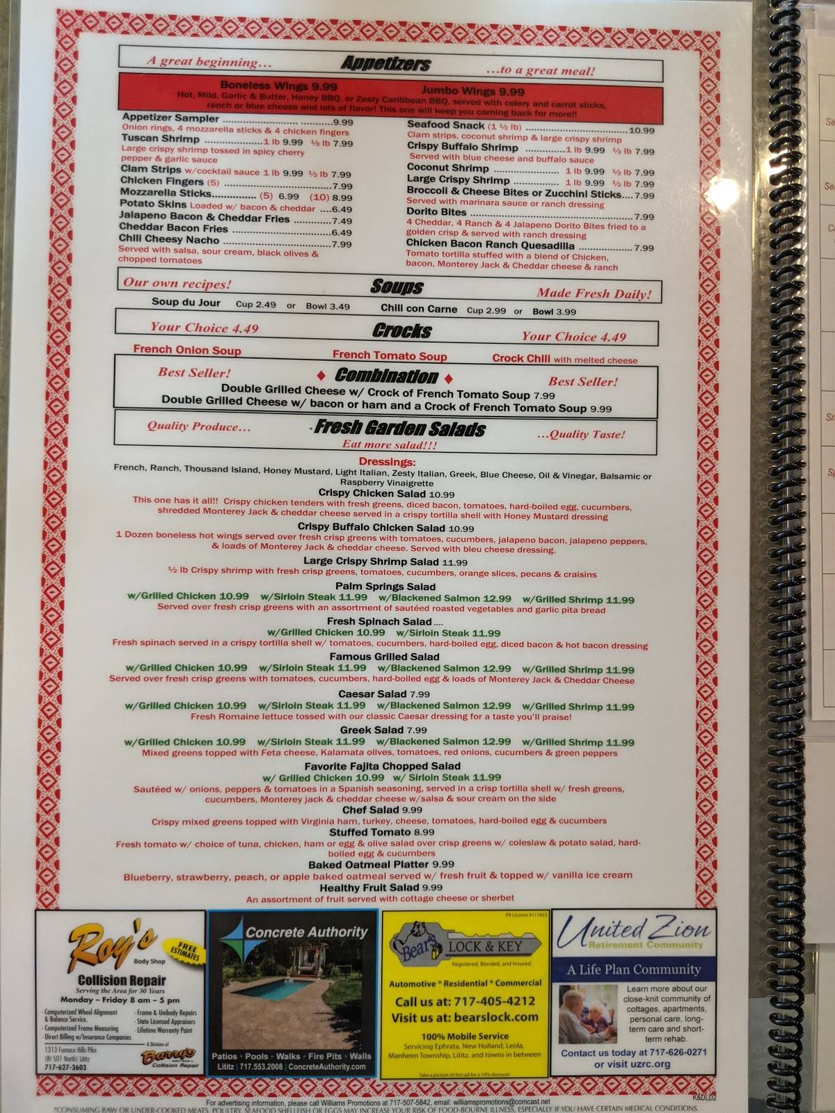 Menu at Knight & Day Diner restaurant, Lititz