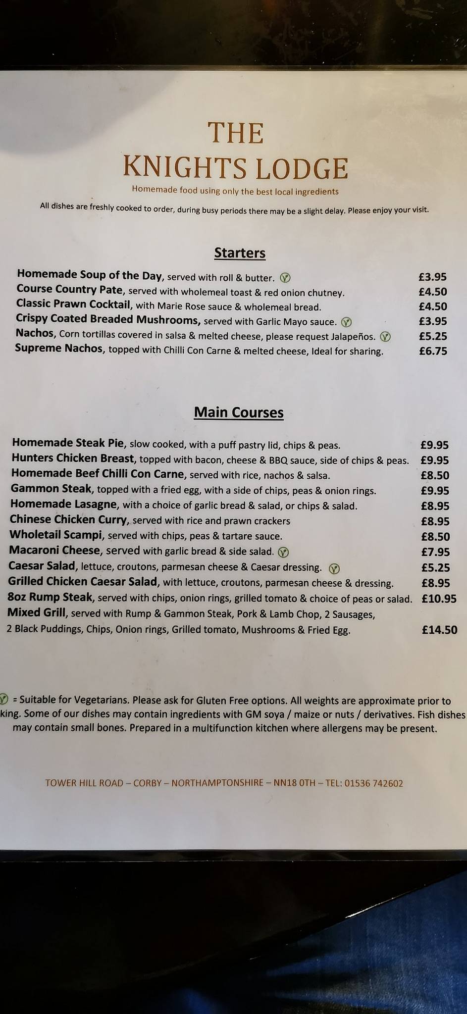 Menu at Knights Lodge pub & bar, Corby, 8 Tower Hill Rd