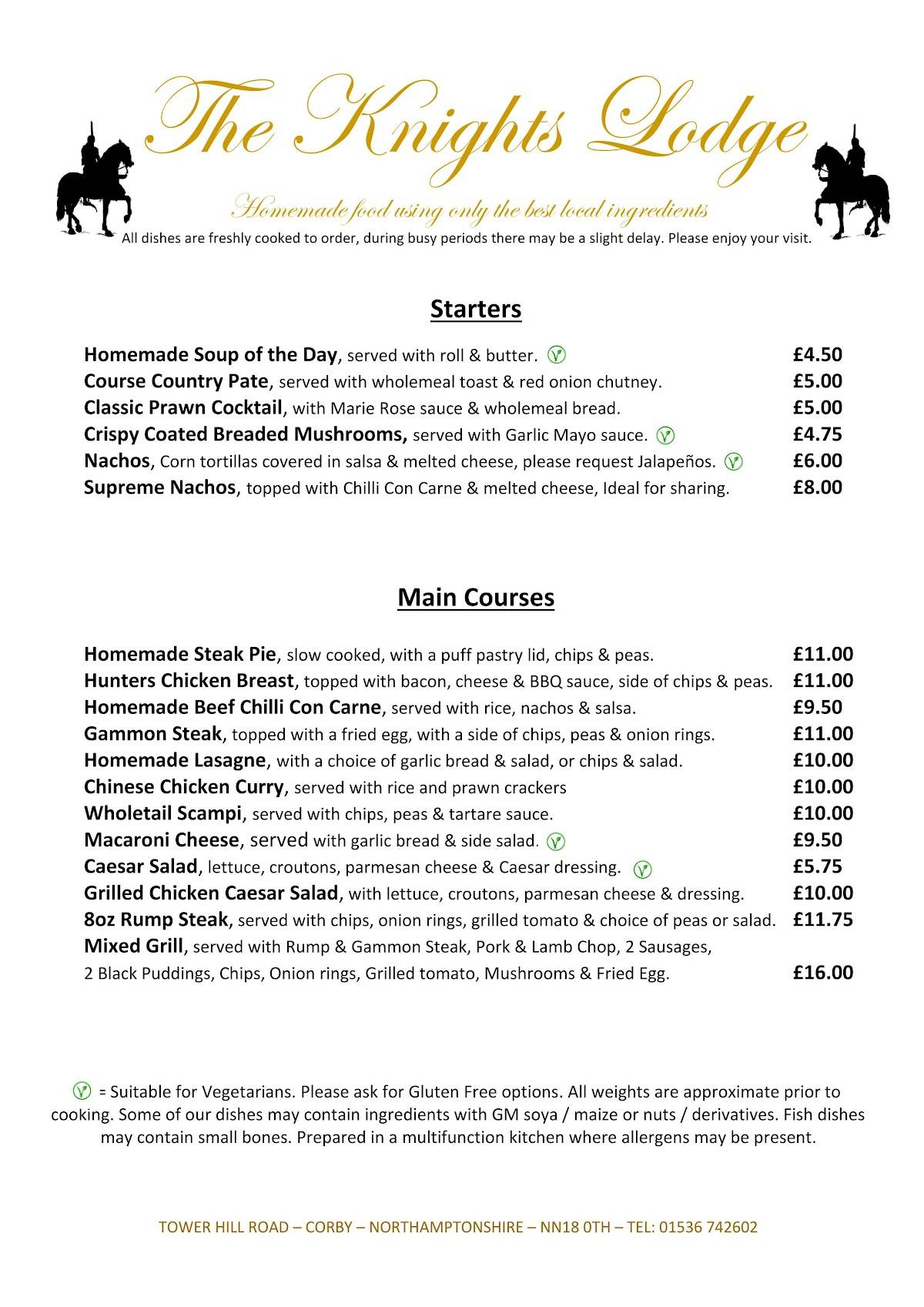 Menu at Knights Lodge pub & bar, Corby, 8 Tower Hill Rd