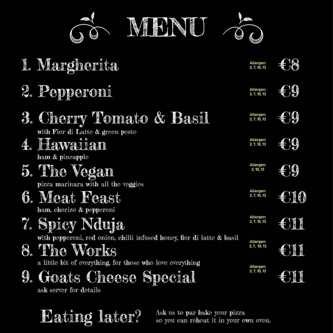 Menu at Knockout Pizza pizzeria, Ireland