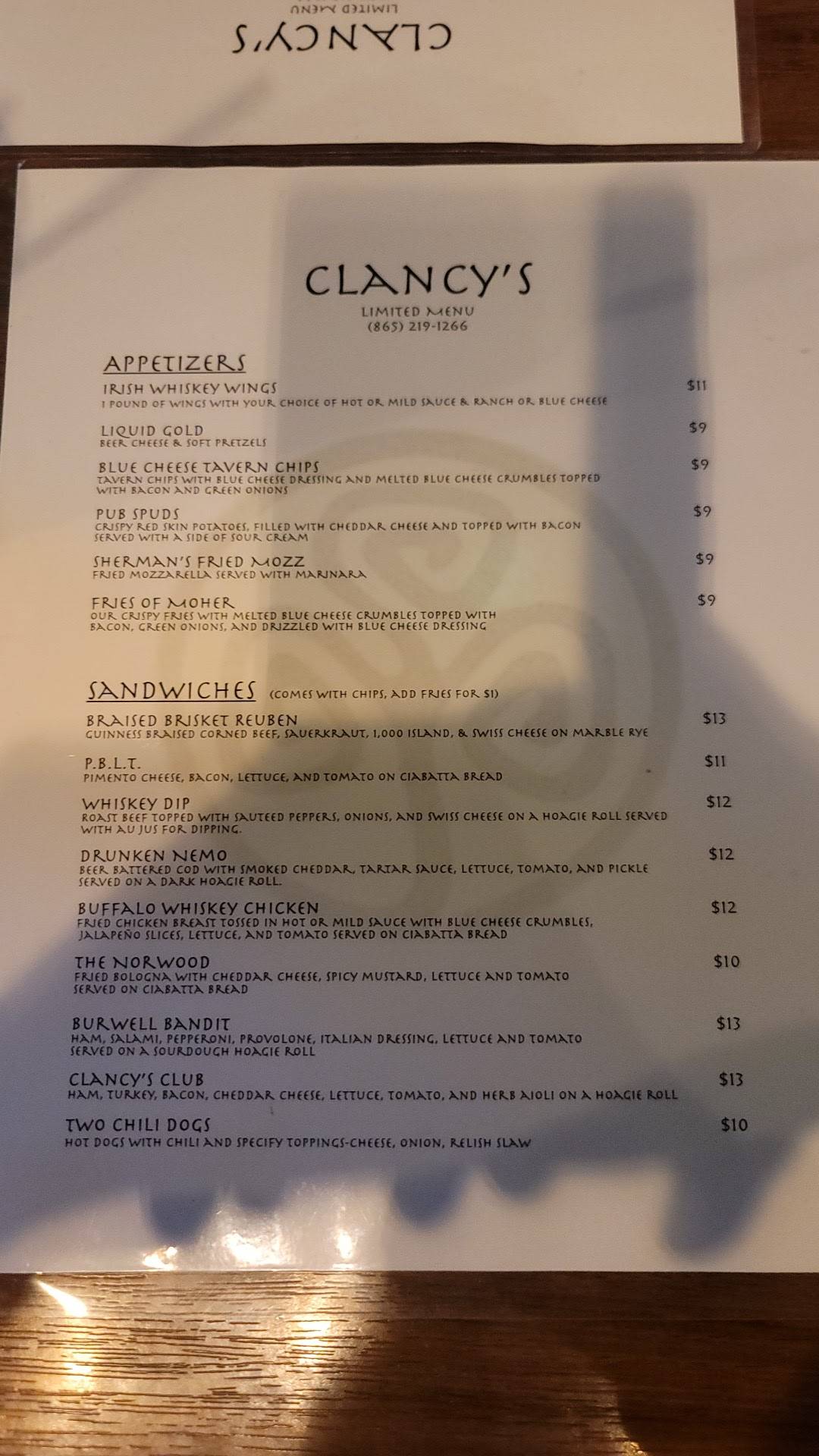 Menu at Clancy's Tavern & Whiskey House pub & bar, Knoxville