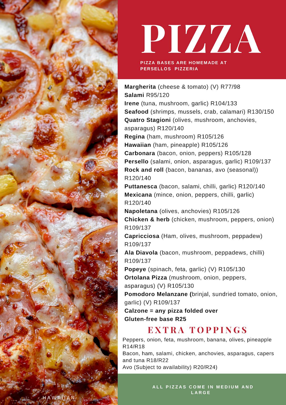 Menu at Persello Pizzeria, Knysna