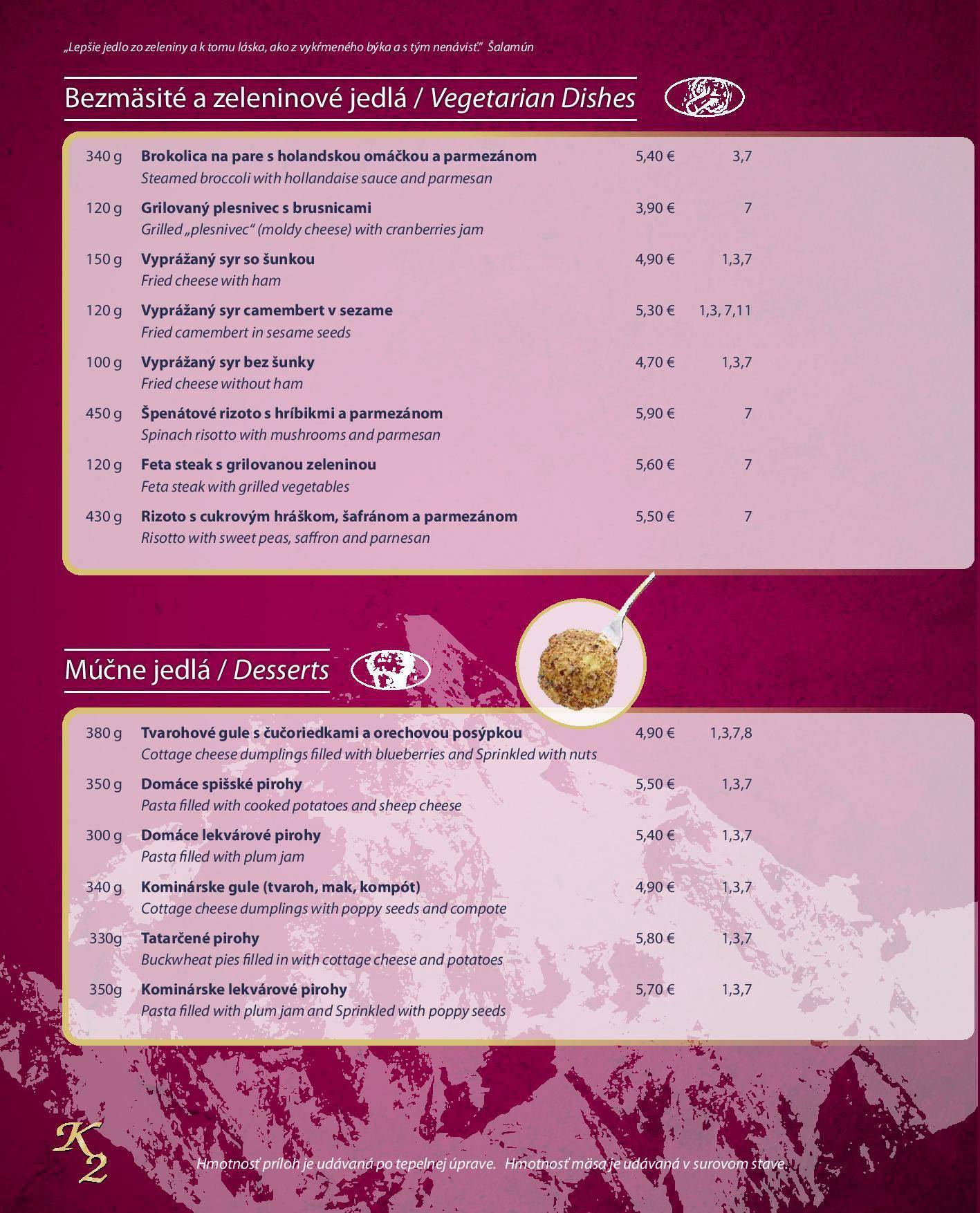 Menu at K2 restaurant, Košice