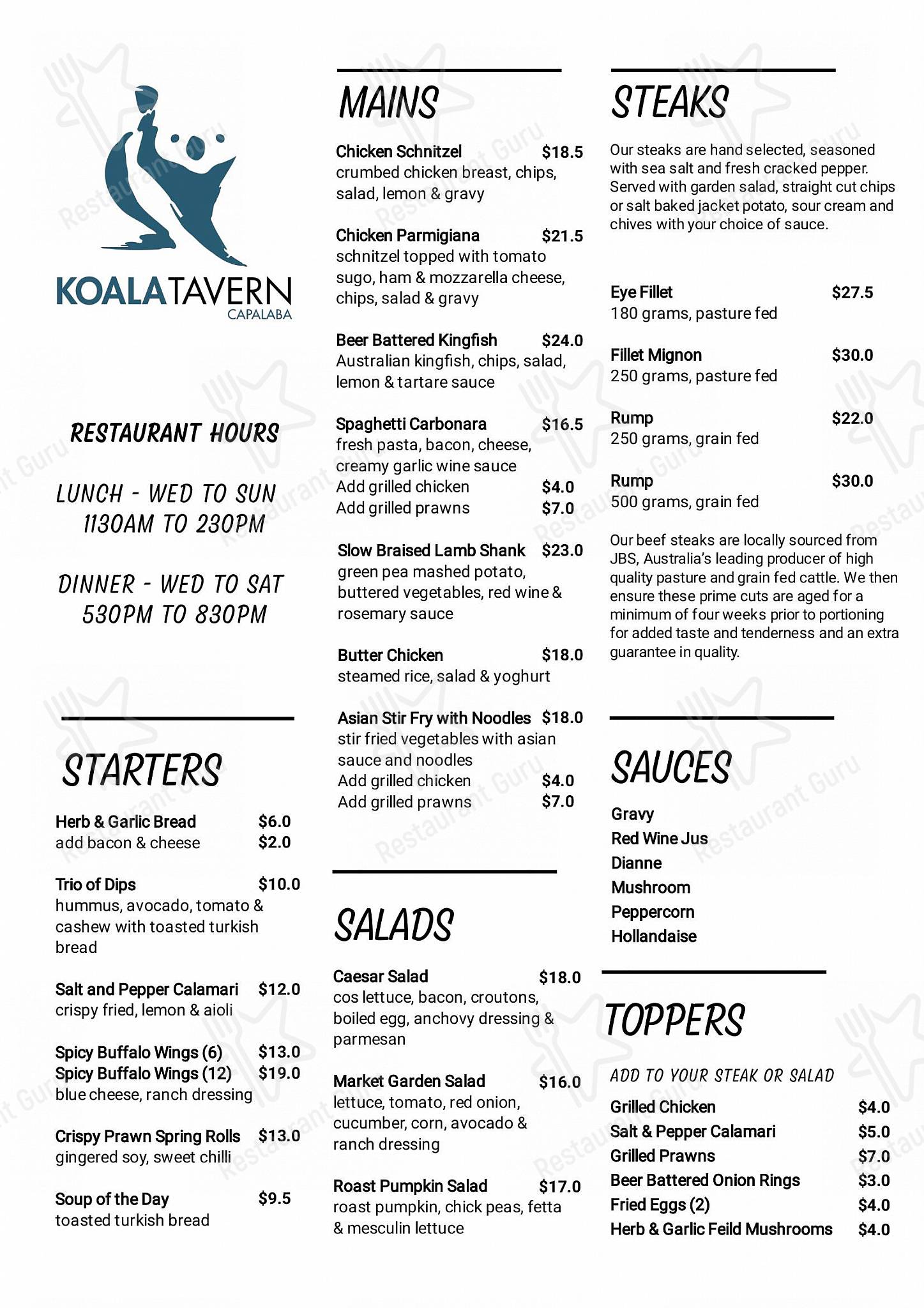 Menu at Koala Tavern pub & bar, Capalaba, 36-40 Moreton Bay Rd