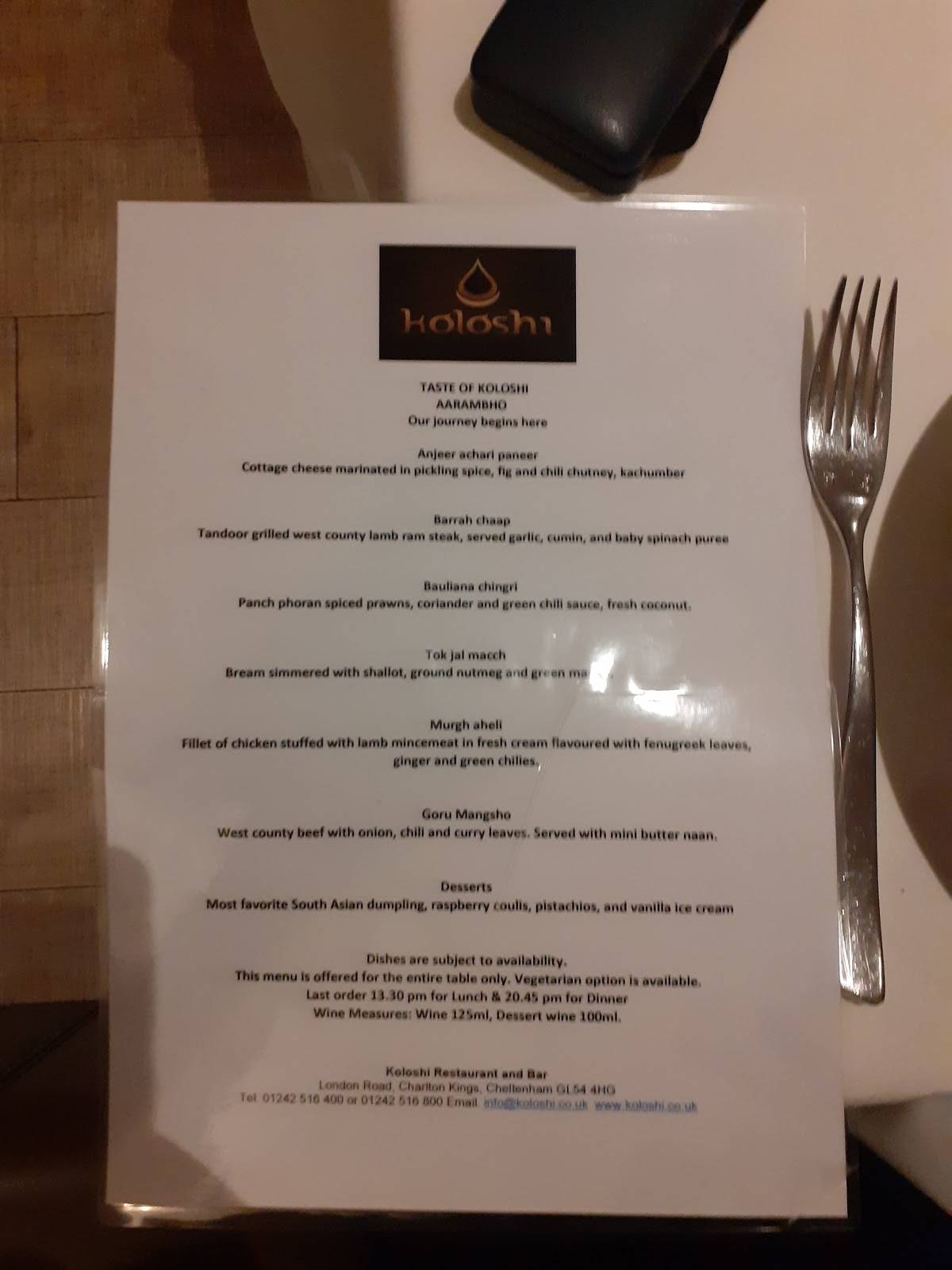 Menu at Koloshi restaurant, Cheltenham, London Rd