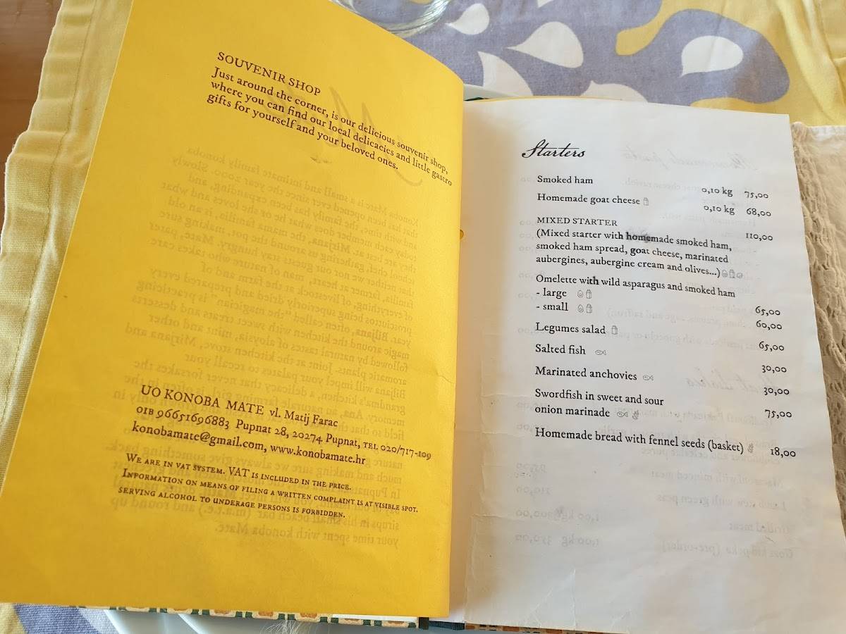 Menu da Konoba Mate ristorante, Pupnat