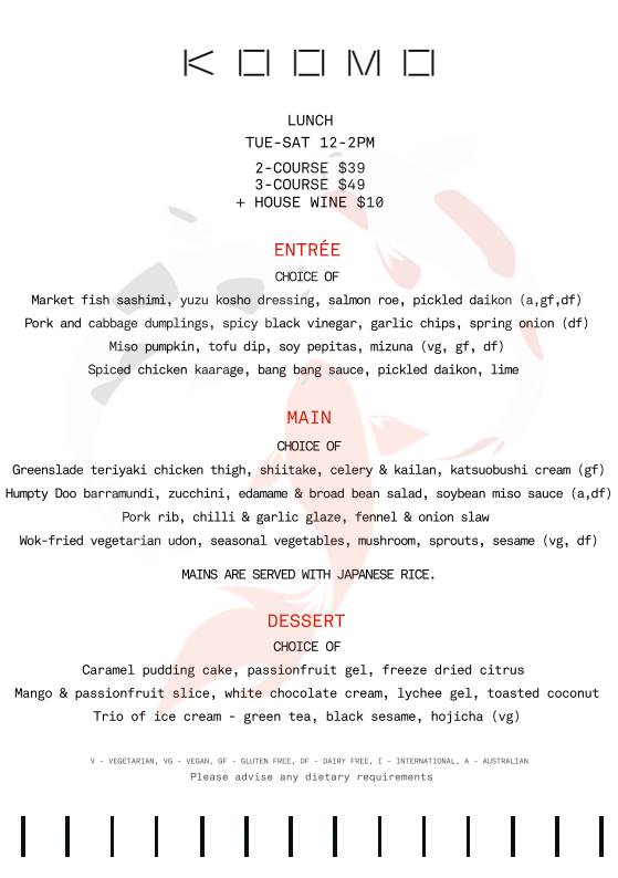 Menu at Koomo Restaurant & Bar, Adelaide