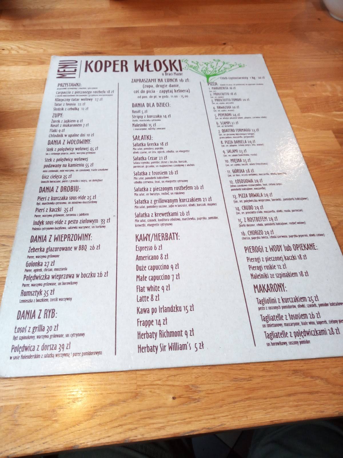 Menu at Koper Włoski u Braci Mazur pizzeria, Lublin