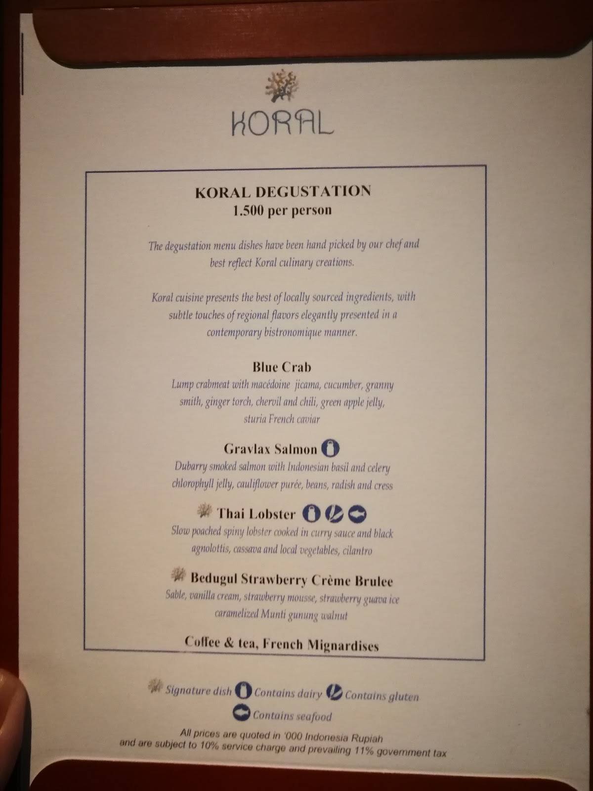 Menu at Koral: Bali’s First Aquarium Restaurant, Jimbaran