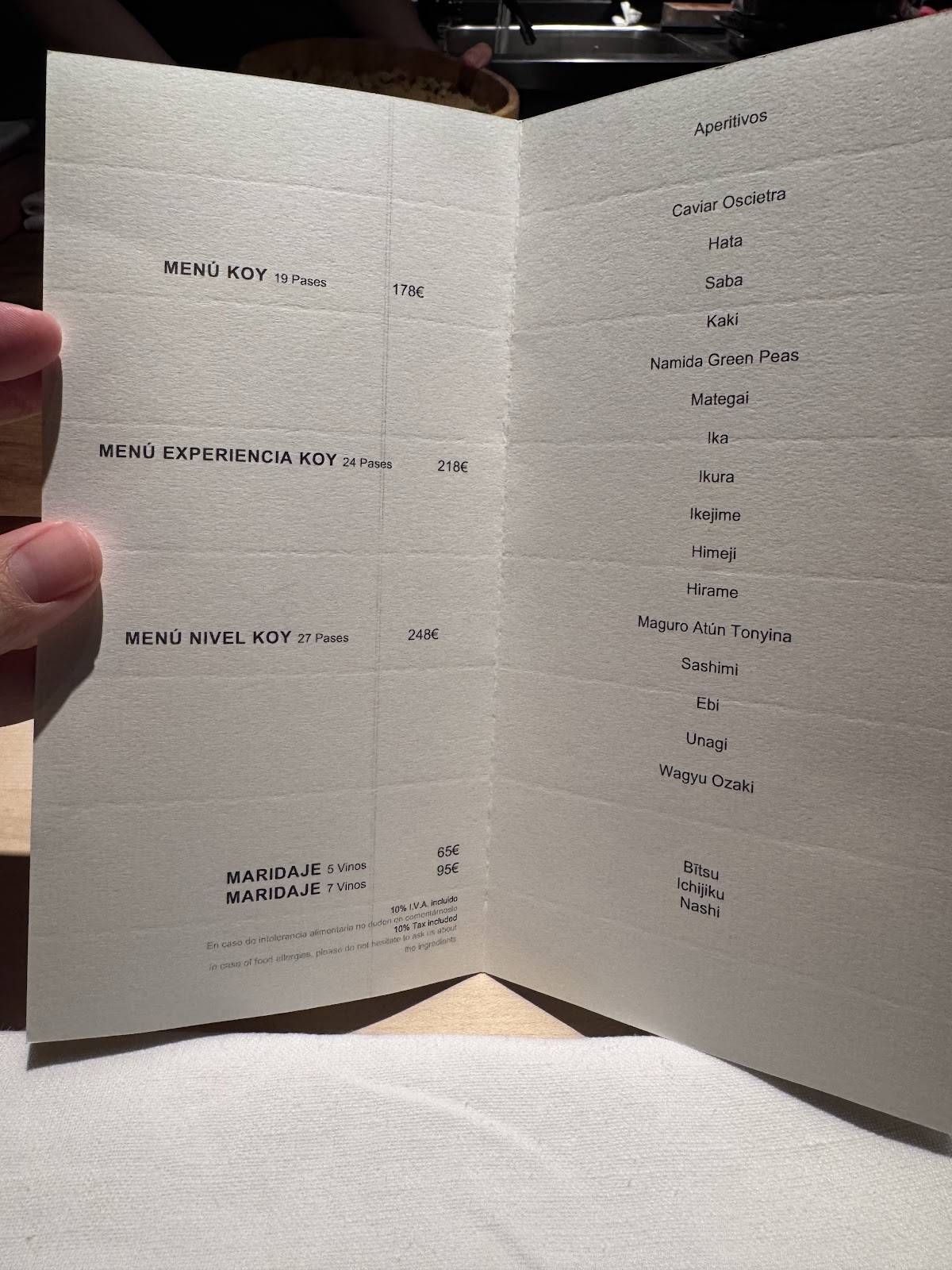 Carta del restaurante Koy Shunka, Barcelona