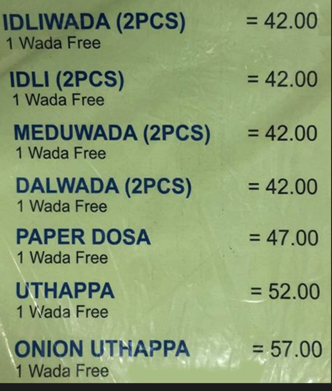Menu at Krishna Idly, Mumbai