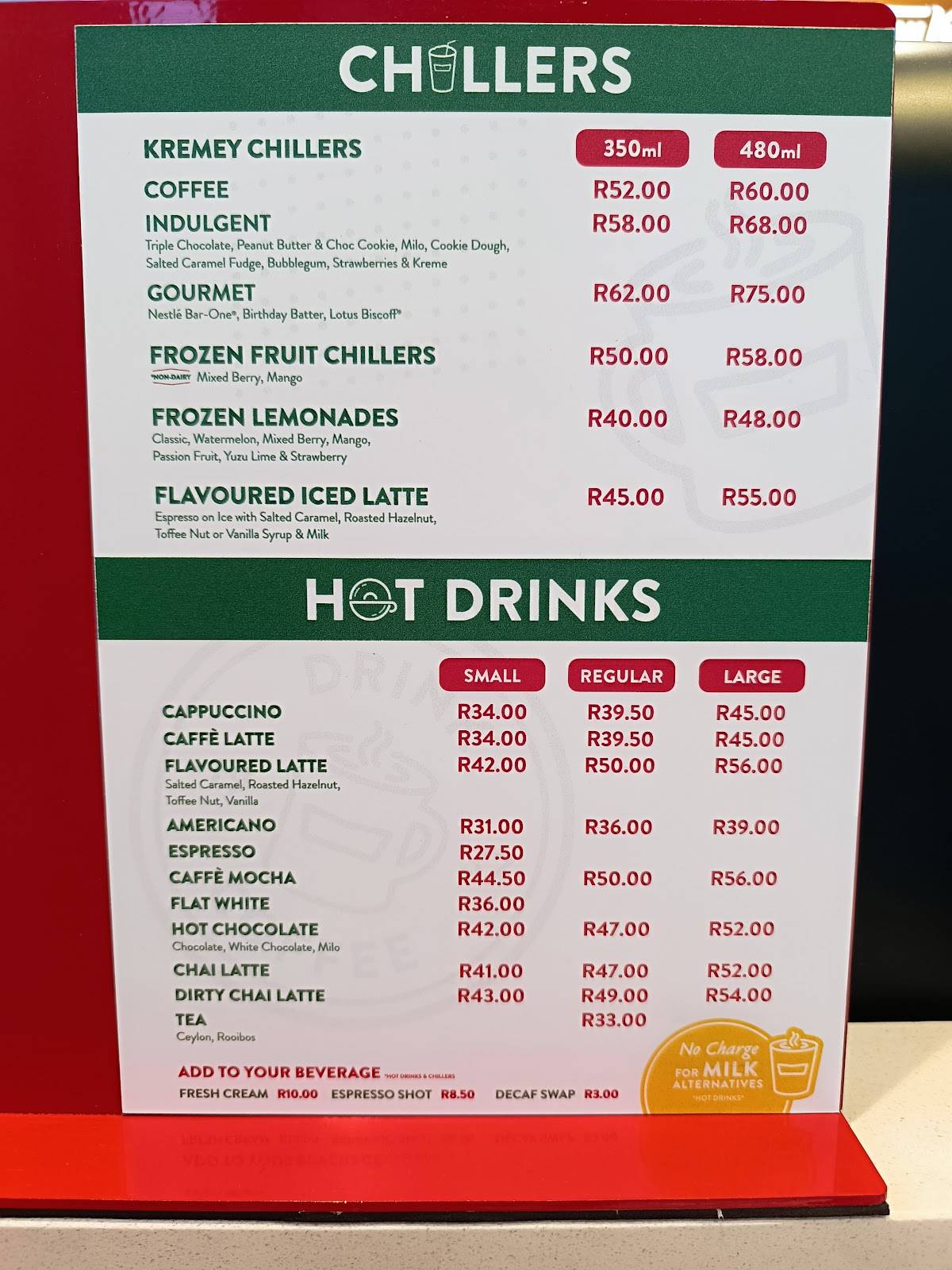 Menu au Krispy Kreme café, Pretoria, Shop 38