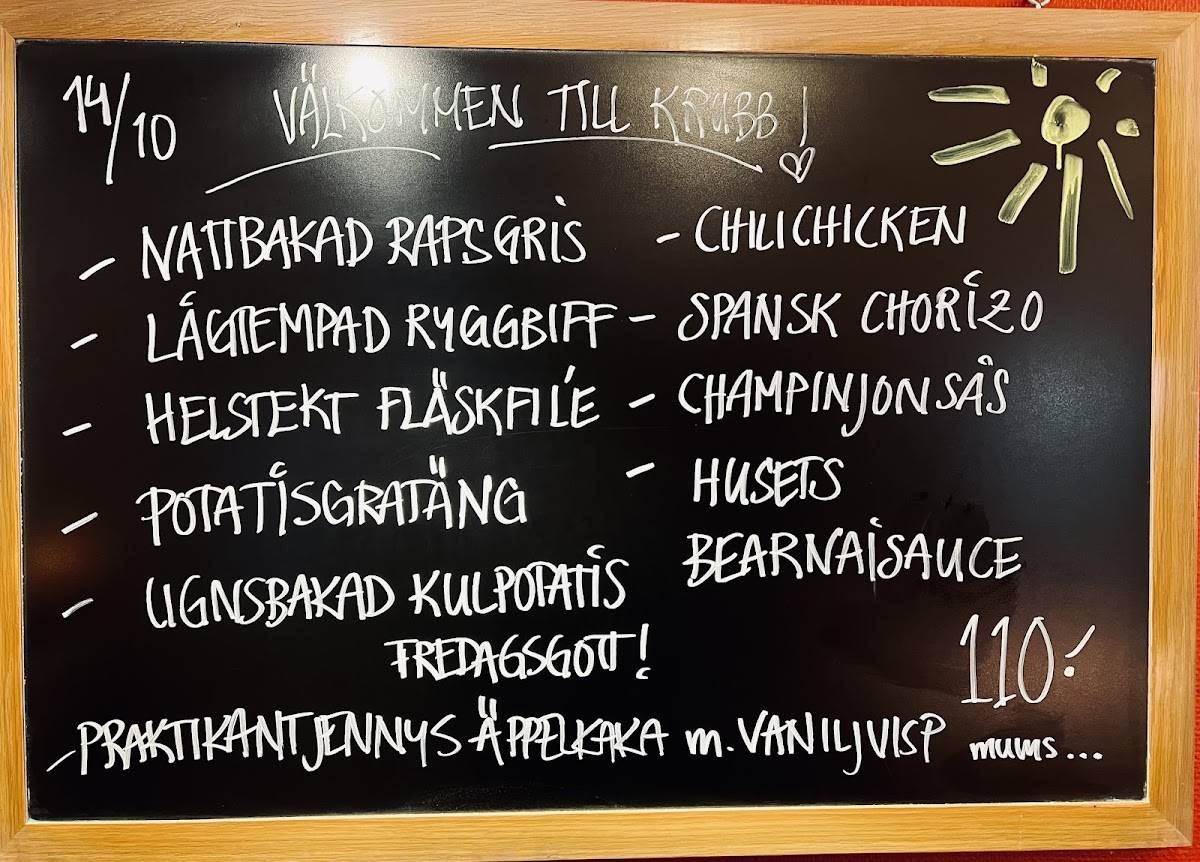 Menu at Krubb Uppsala restaurant, Uppsala