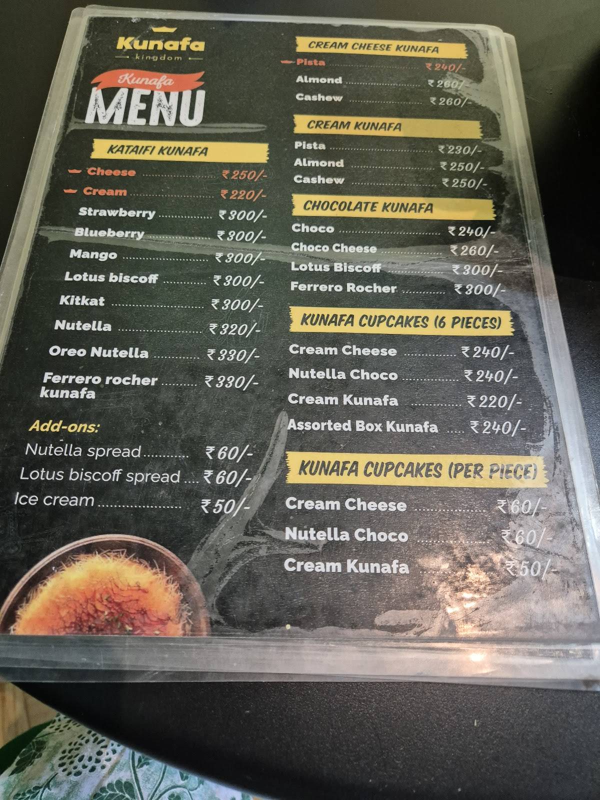 Menu at Kunafa Kingdom, Hyderabad