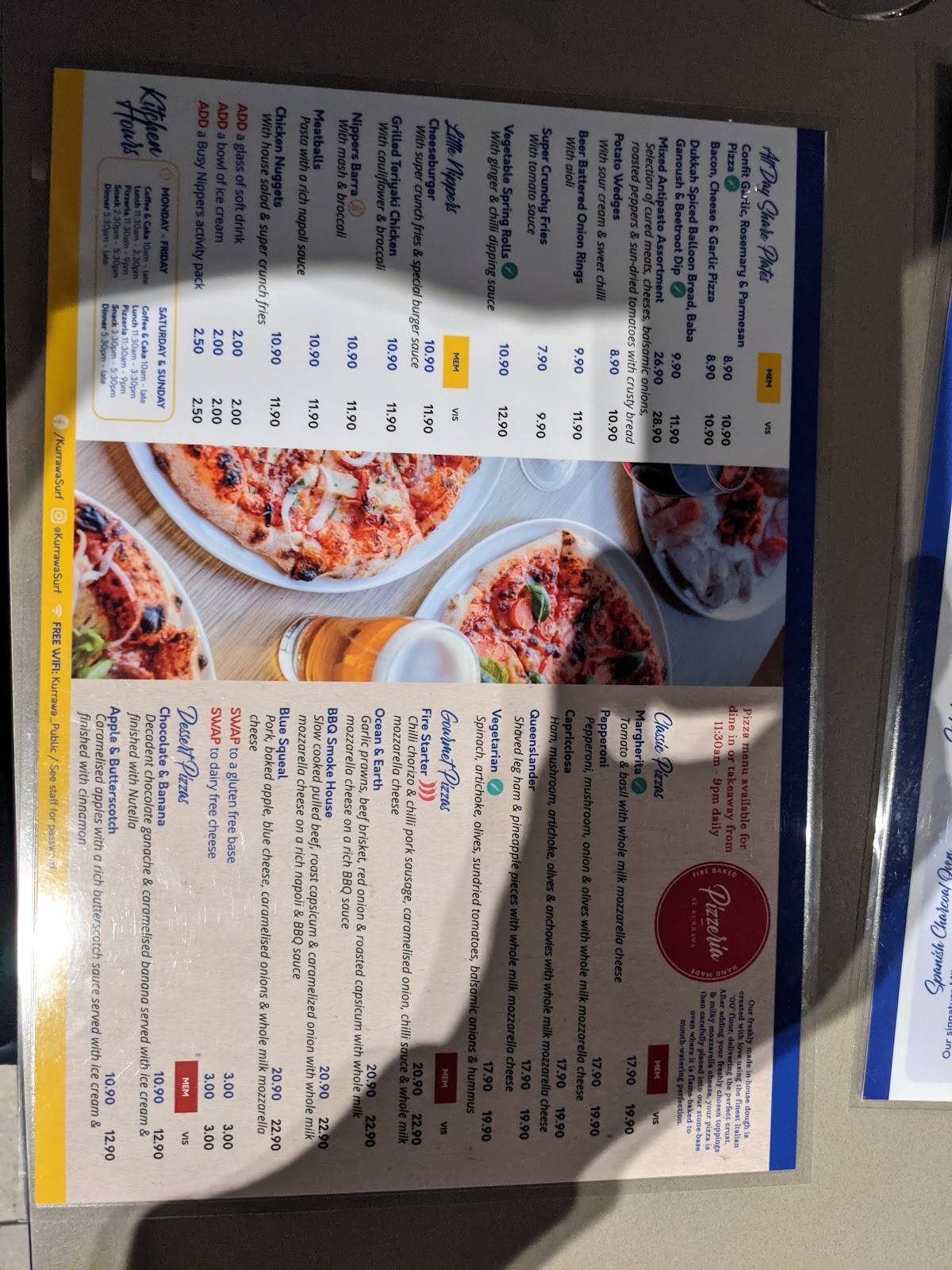 Menu at Kurrawa Surf Club, Broadbeach