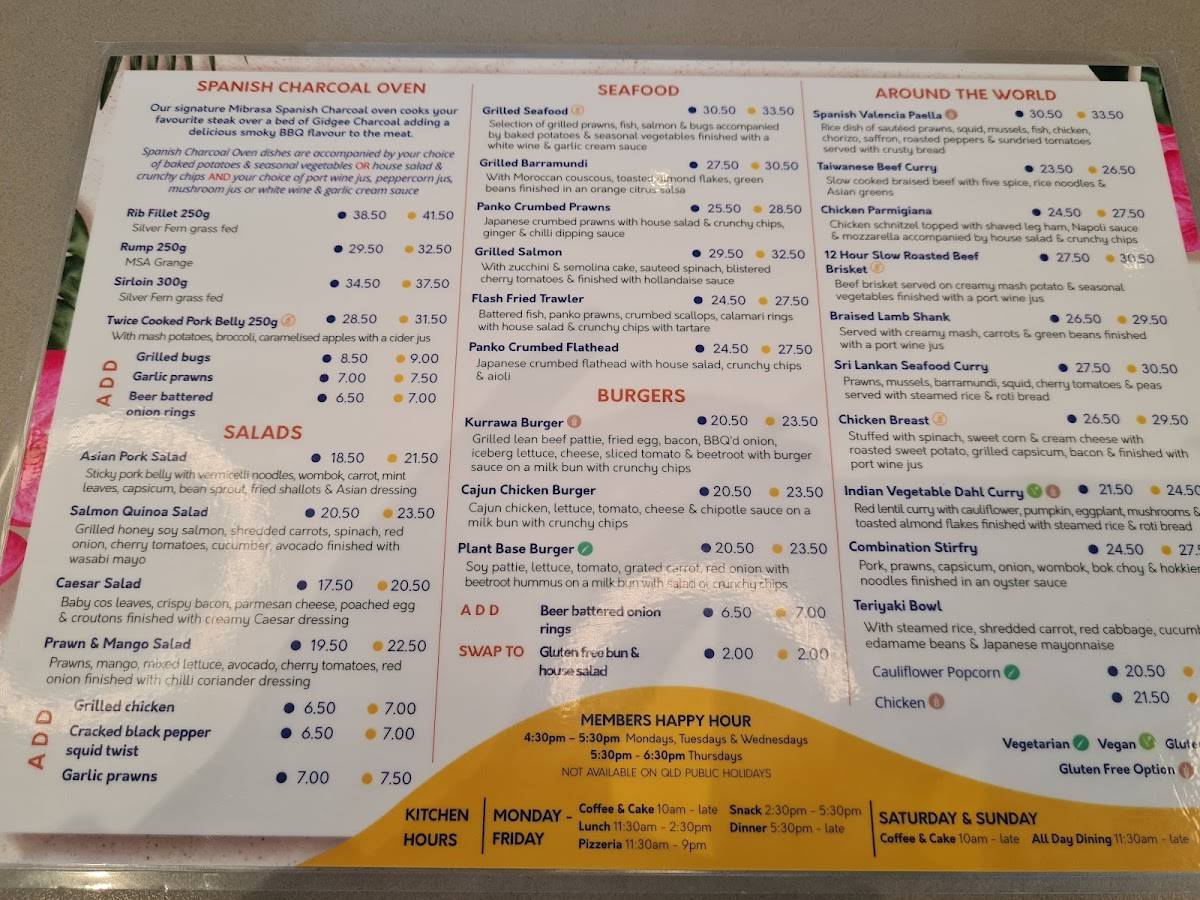 Menu at Kurrawa Surf Club, Broadbeach
