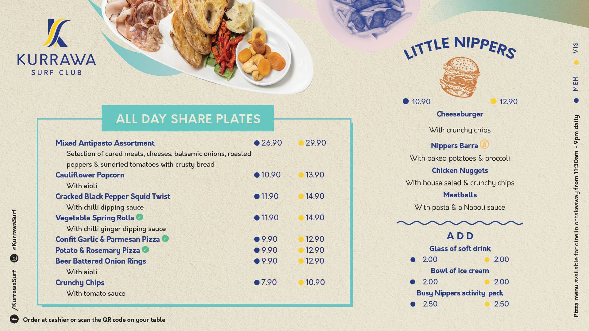 Menu at Kurrawa Surf Club, Broadbeach
