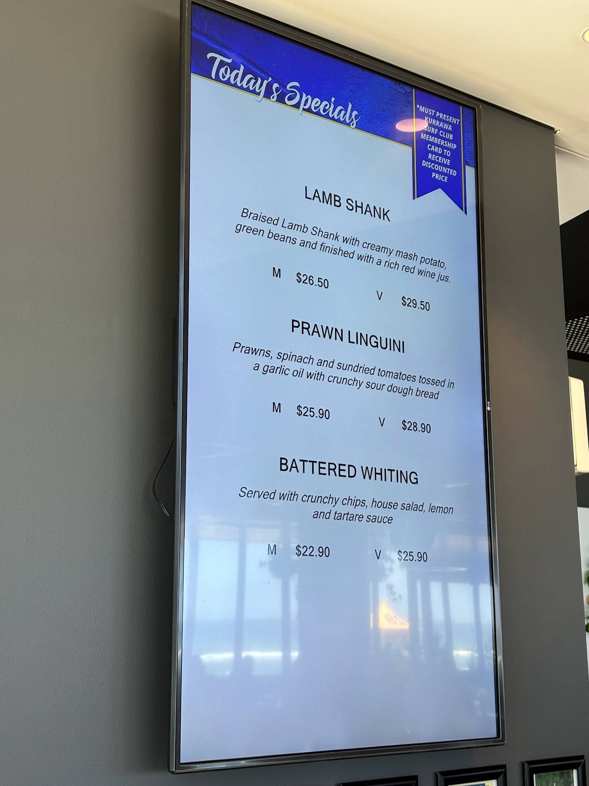 Menu at Kurrawa Surf Club, Broadbeach