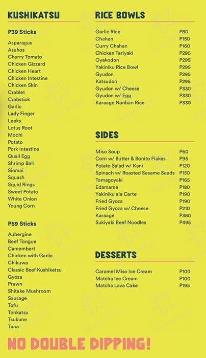 Menu at Kushikatsu Daruma restaurant, Taguig