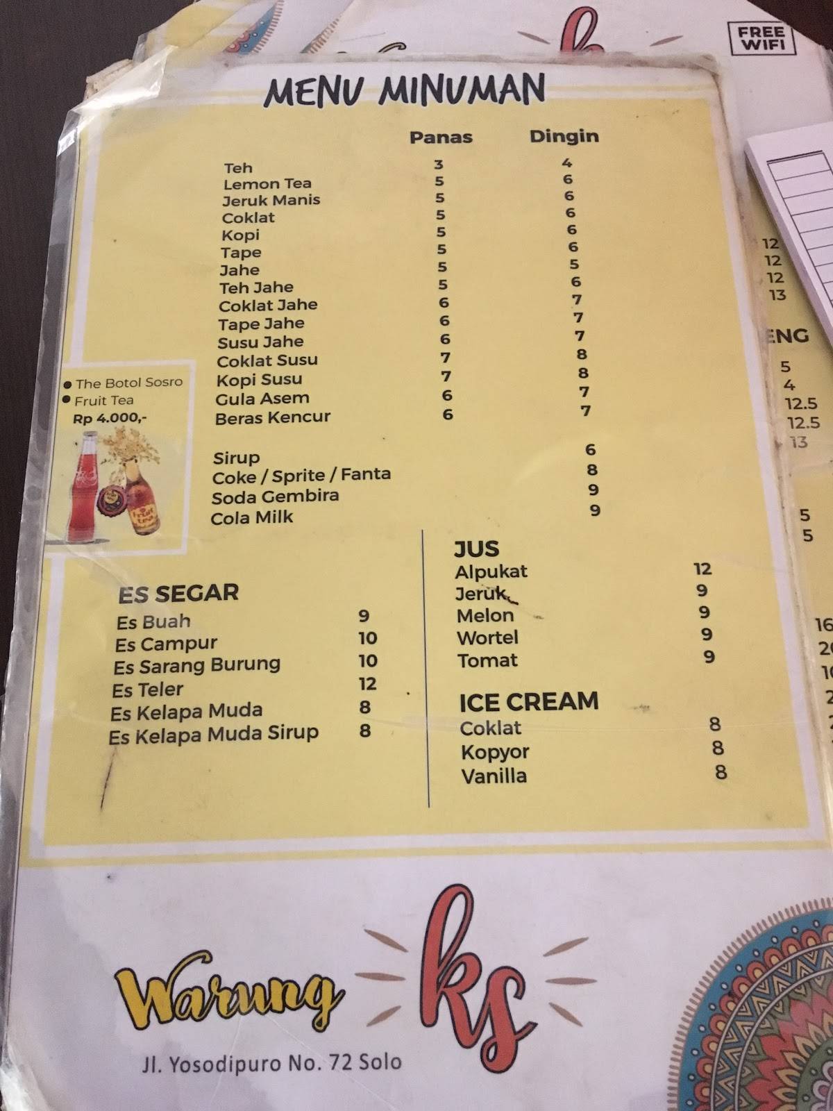 Menu at Kusuma Sari Rm pub & bar, Surakarta