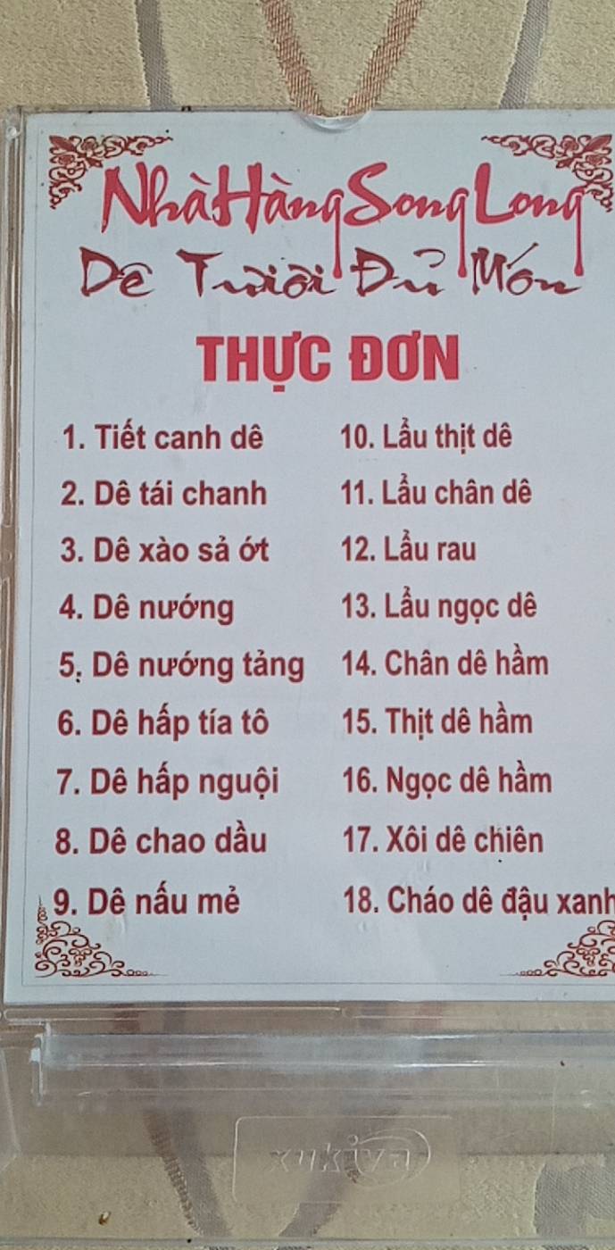 Menu at Lẩu dê song long restaurant, Hai Phong