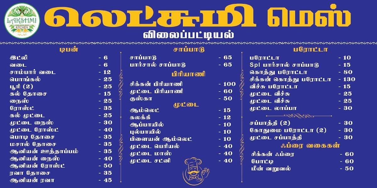 Menu at Lakshmi Mess, Virudhachalam
