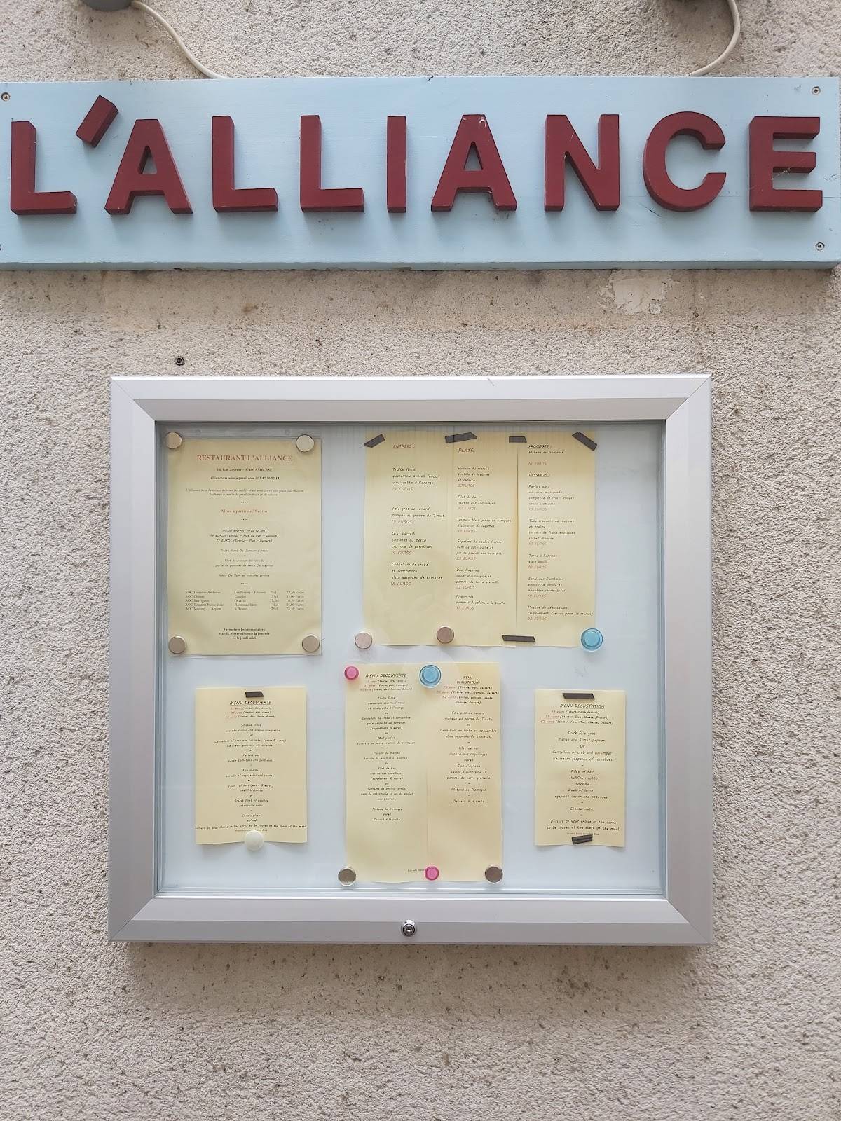 Menu au L'Alliance restaurant, Amboise