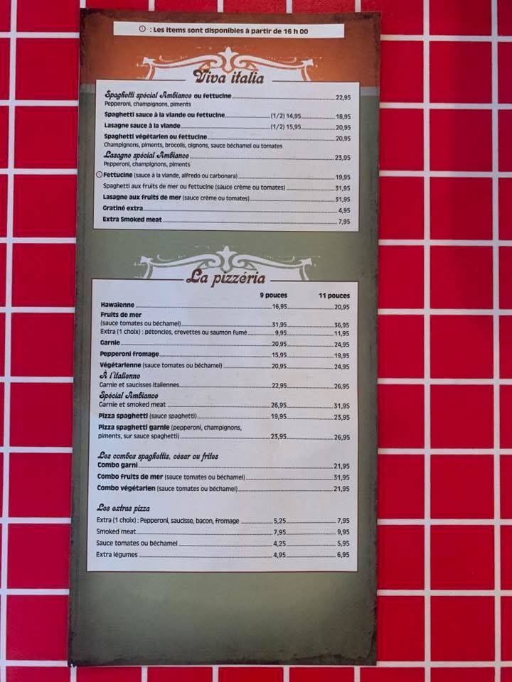 Menu au RESTO-BAR L'AMBIANCE, Sept-Iles