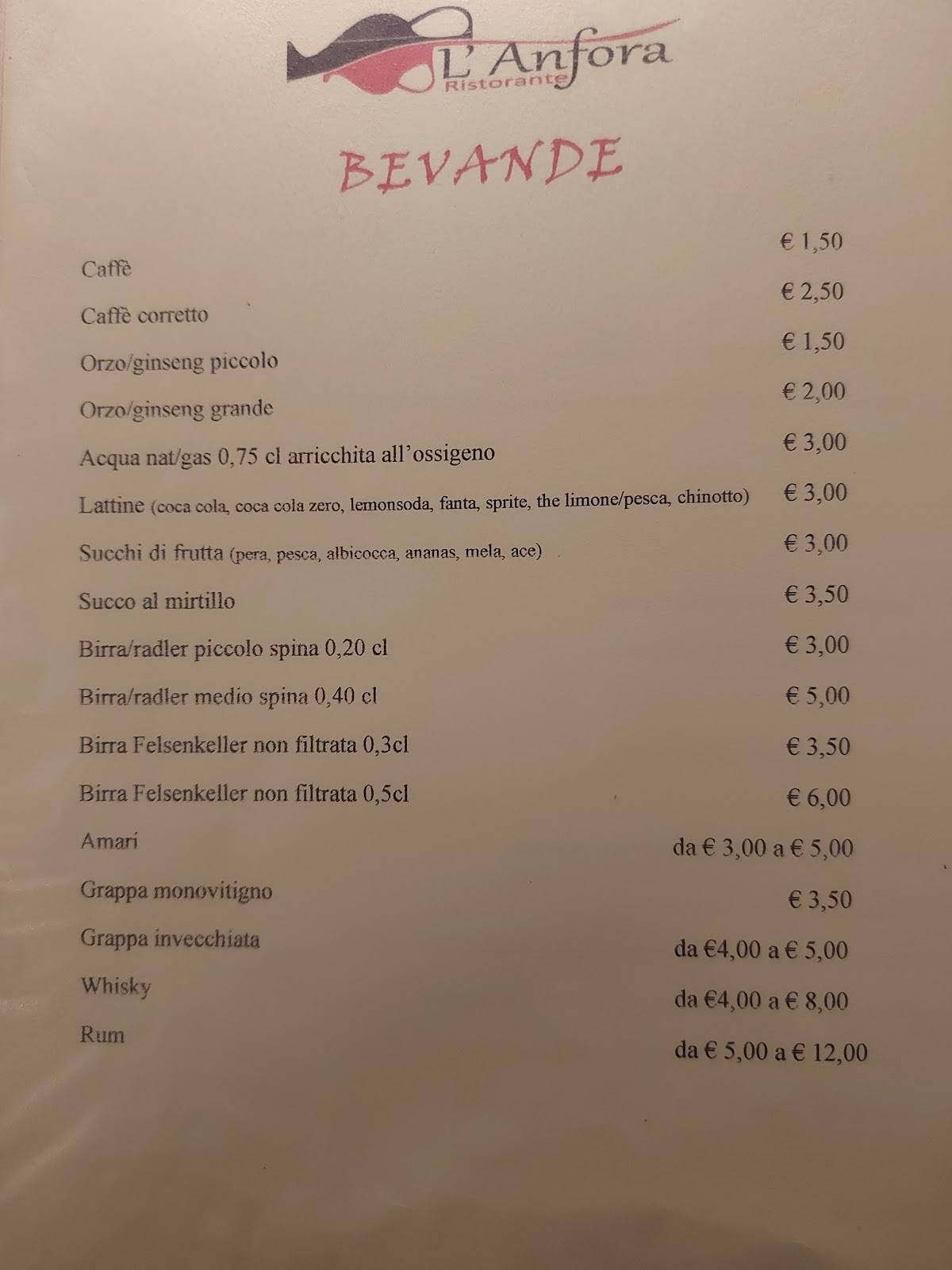 Menu at Ristorante l'Anfora, Trento