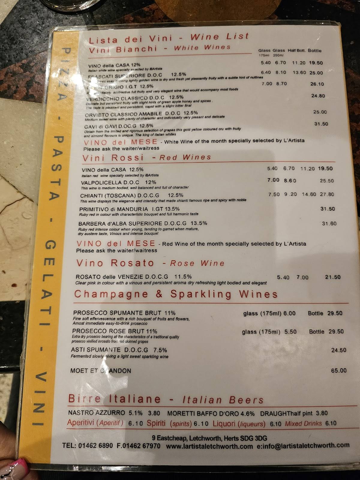 Menu at L'Artista restaurant, Letchworth Garden City