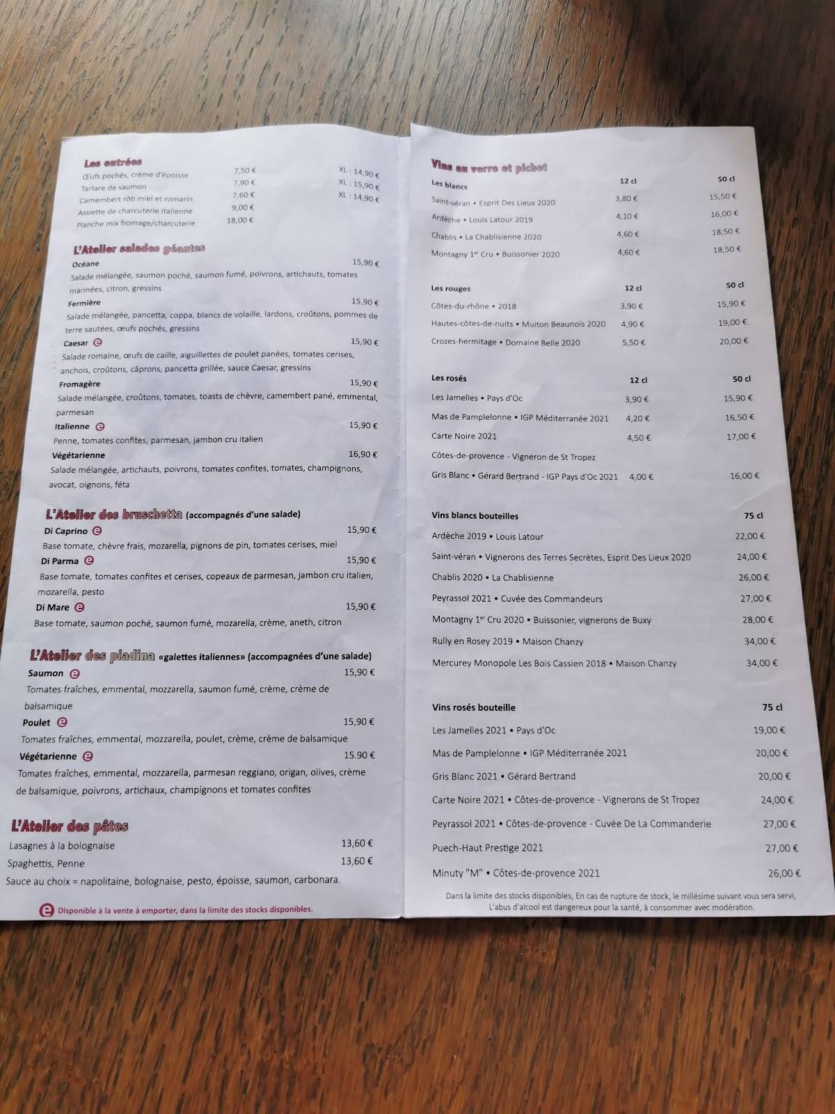 Menu au L'Atelier restaurant, Ahuy