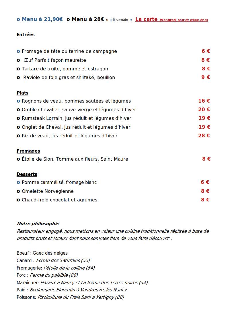 Menu au L'Auberge Francine restaurant, Nancy