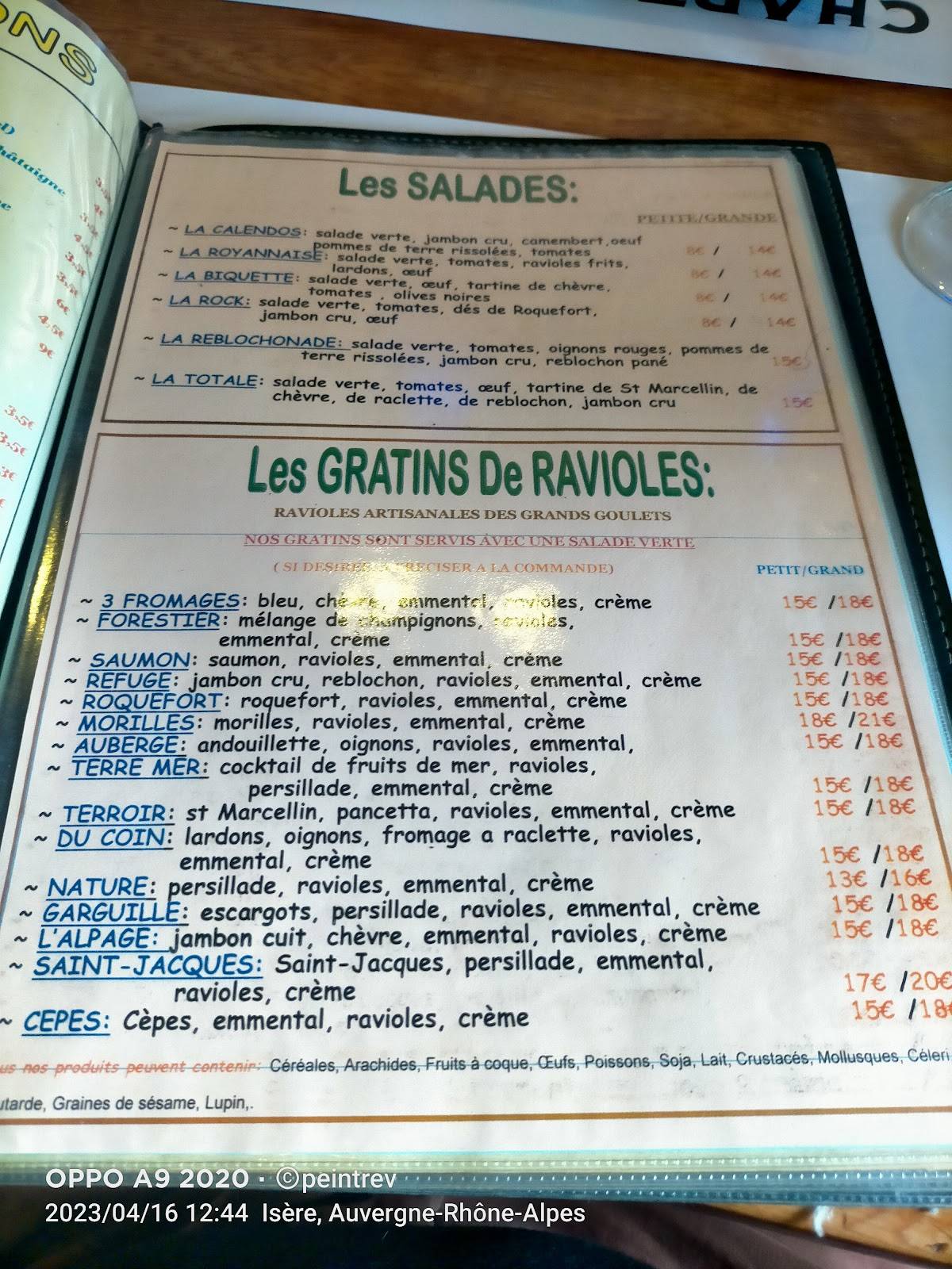 Menu au L'Auberge de la Sure restaurant, Saint-Julien-de-Ratz