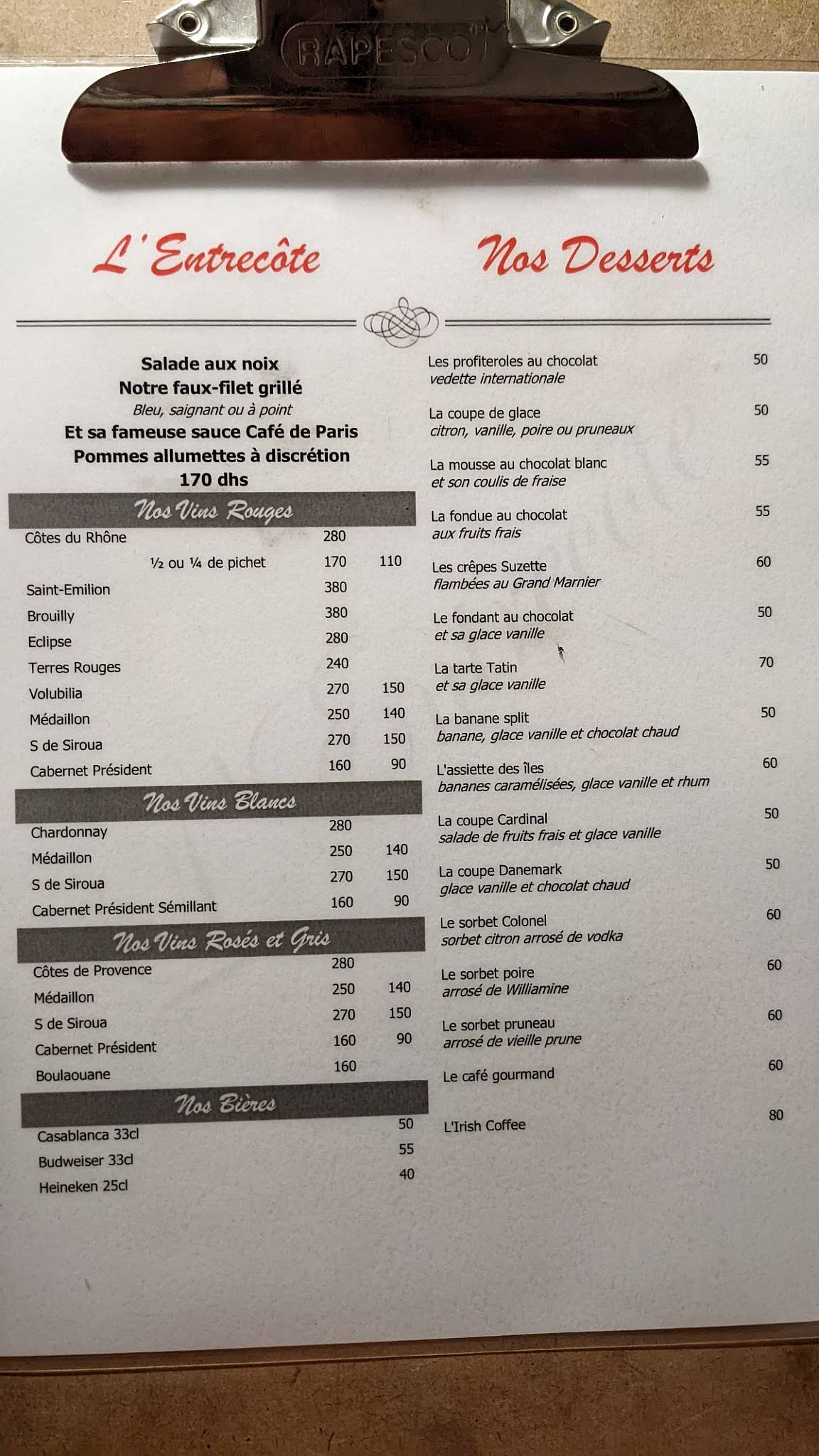 Menu at L'Entrecôte café de Paris restaurant, Casablanca