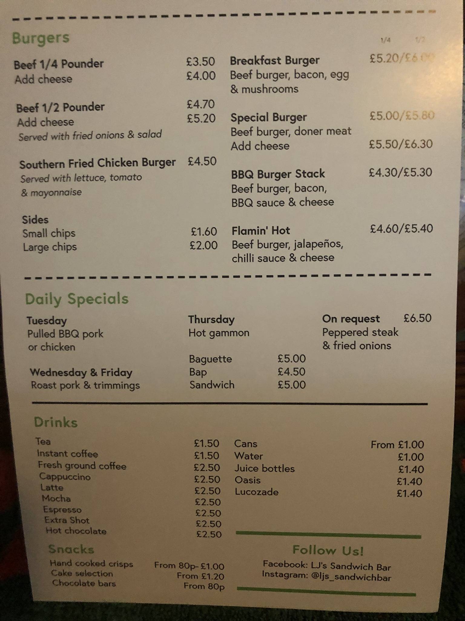 Menu at LJ's Sandwich Bar, Gamlingay