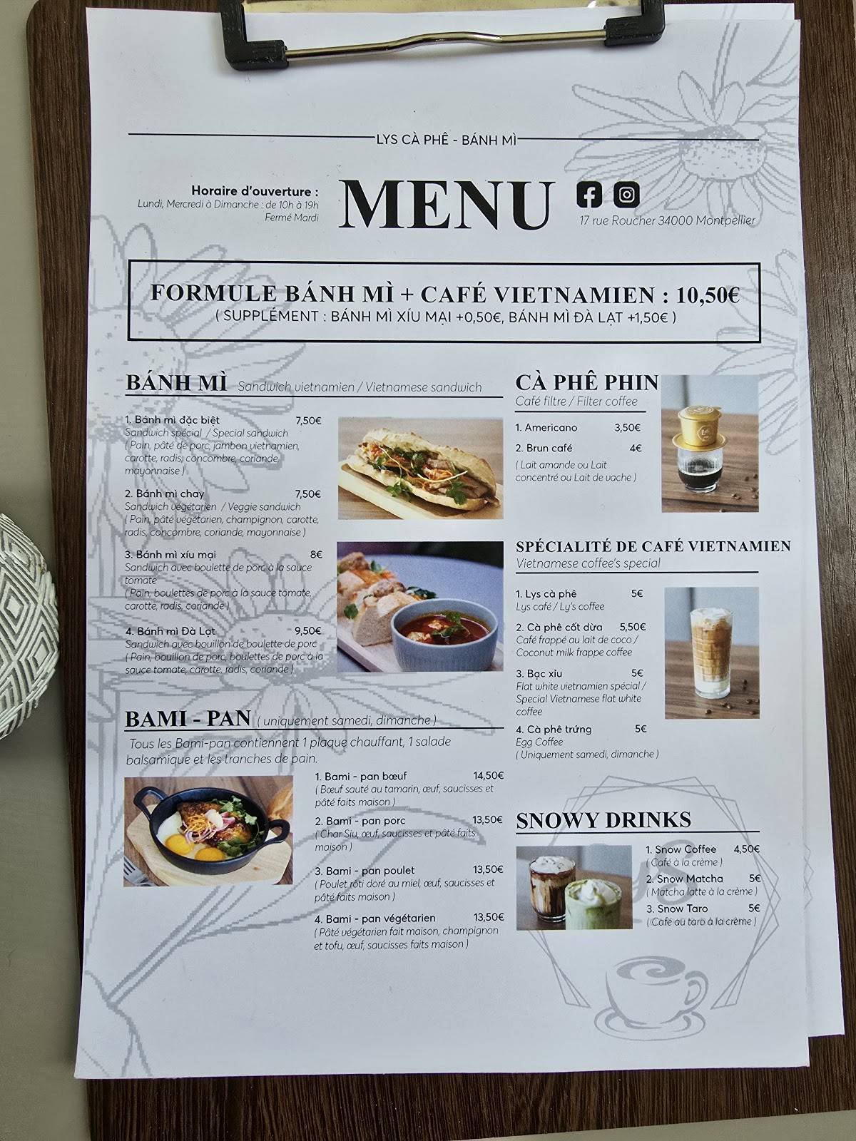 Menu au LYS Caphe & Banh mi, Montpellier