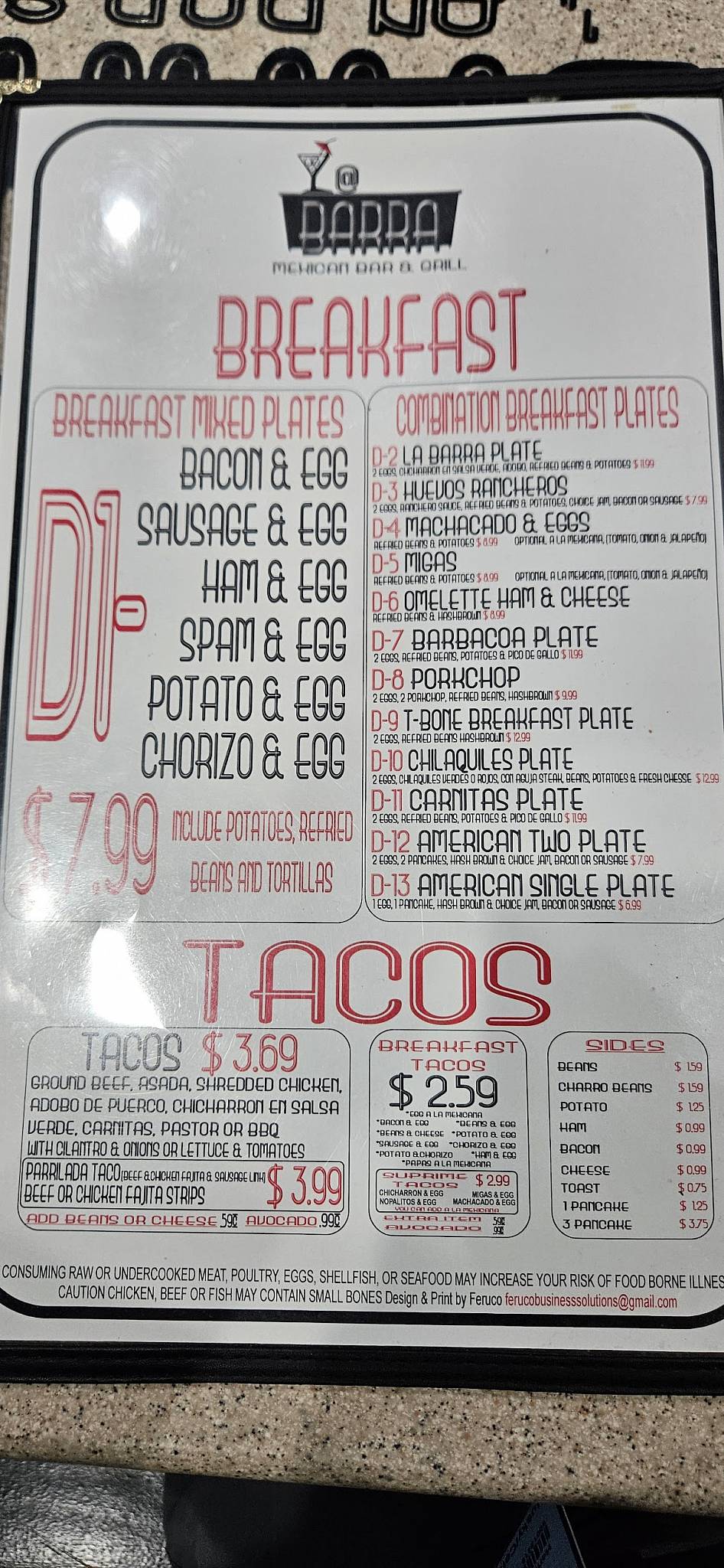 Menu at La Barra mexican bar and grill, Ingleside