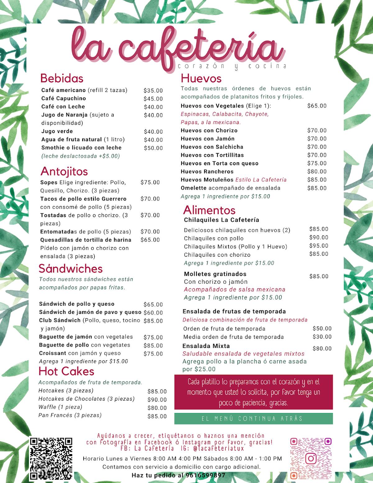 Menu at La Cafetería, Tuxtla Gutiérrez