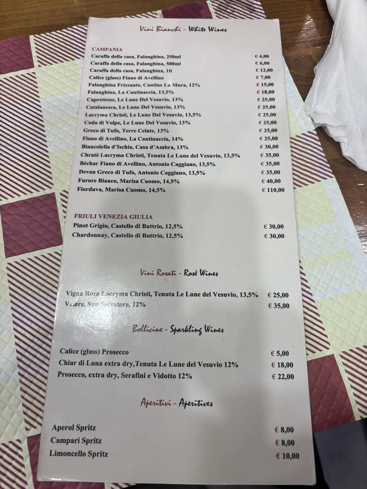 Menu at La Cantinaccia del Popolo restaurant, Sorrento