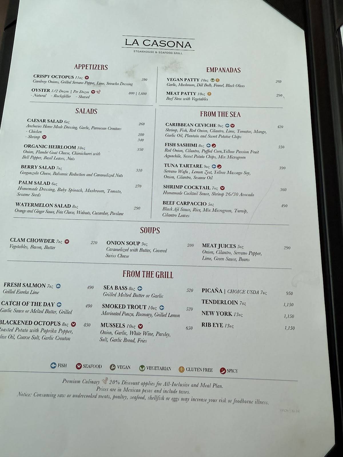 Menu at La Casona STK steakhouse, Cancún