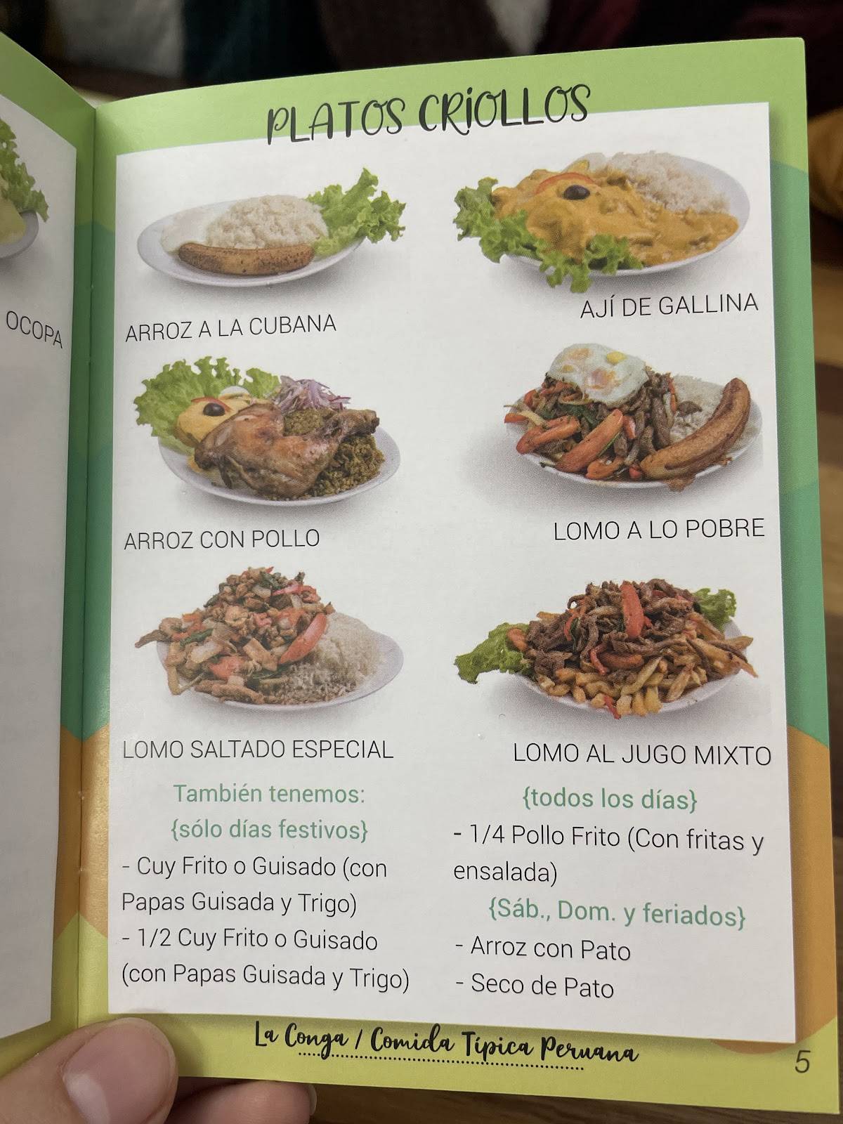 Carta del restaurante La Conga, Buenos Aires