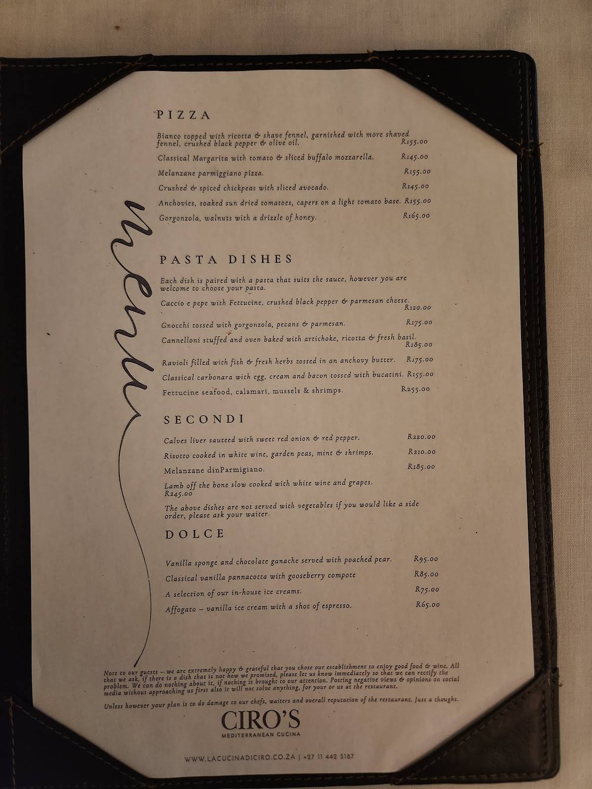 Menu at La Cucina Di Ciro restaurant, Randburg, 43 7th Ave