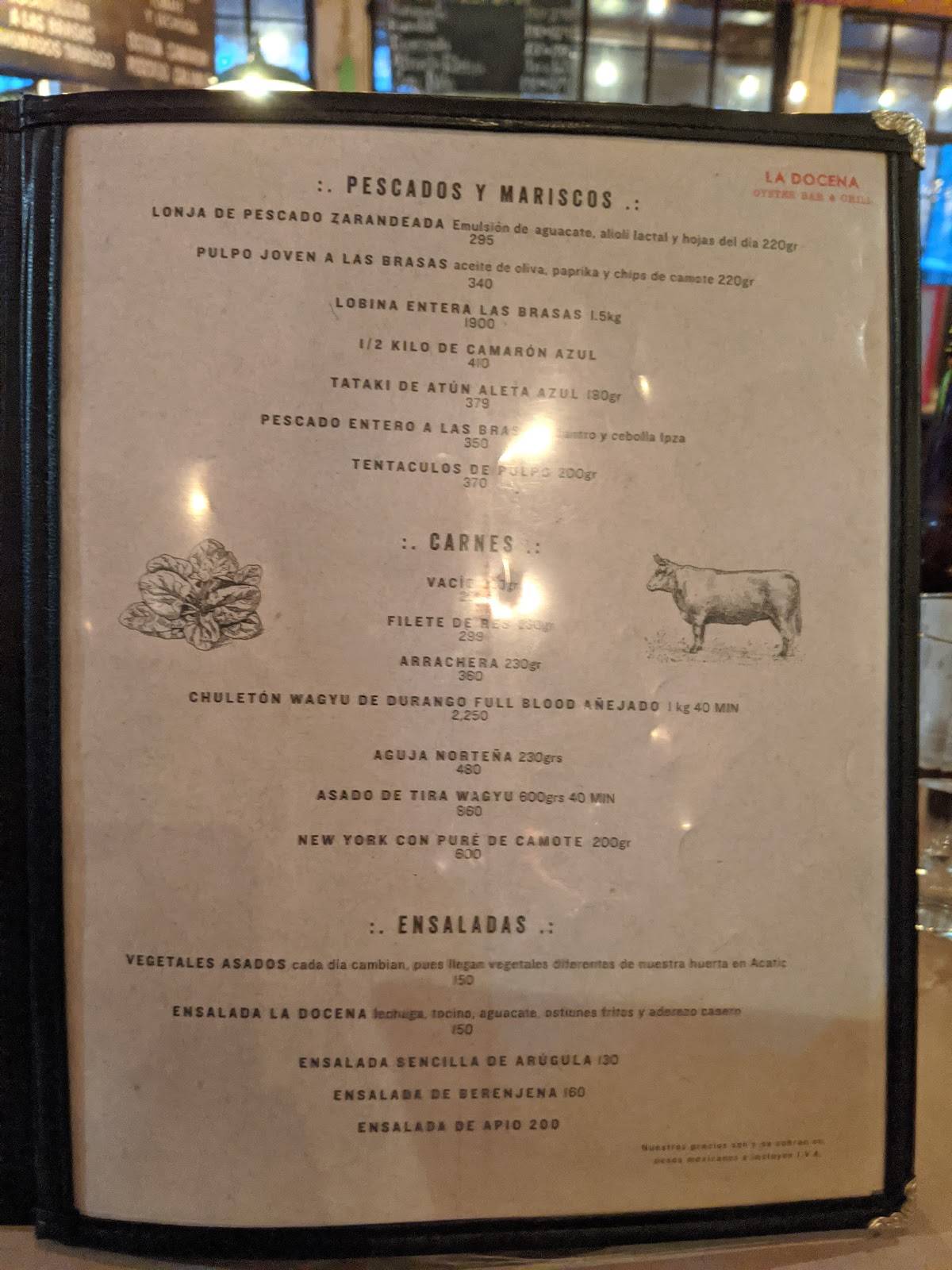 Menu at La Docena restaurant, Ciudad López Mateos, Av. Álvaro Obregón 31