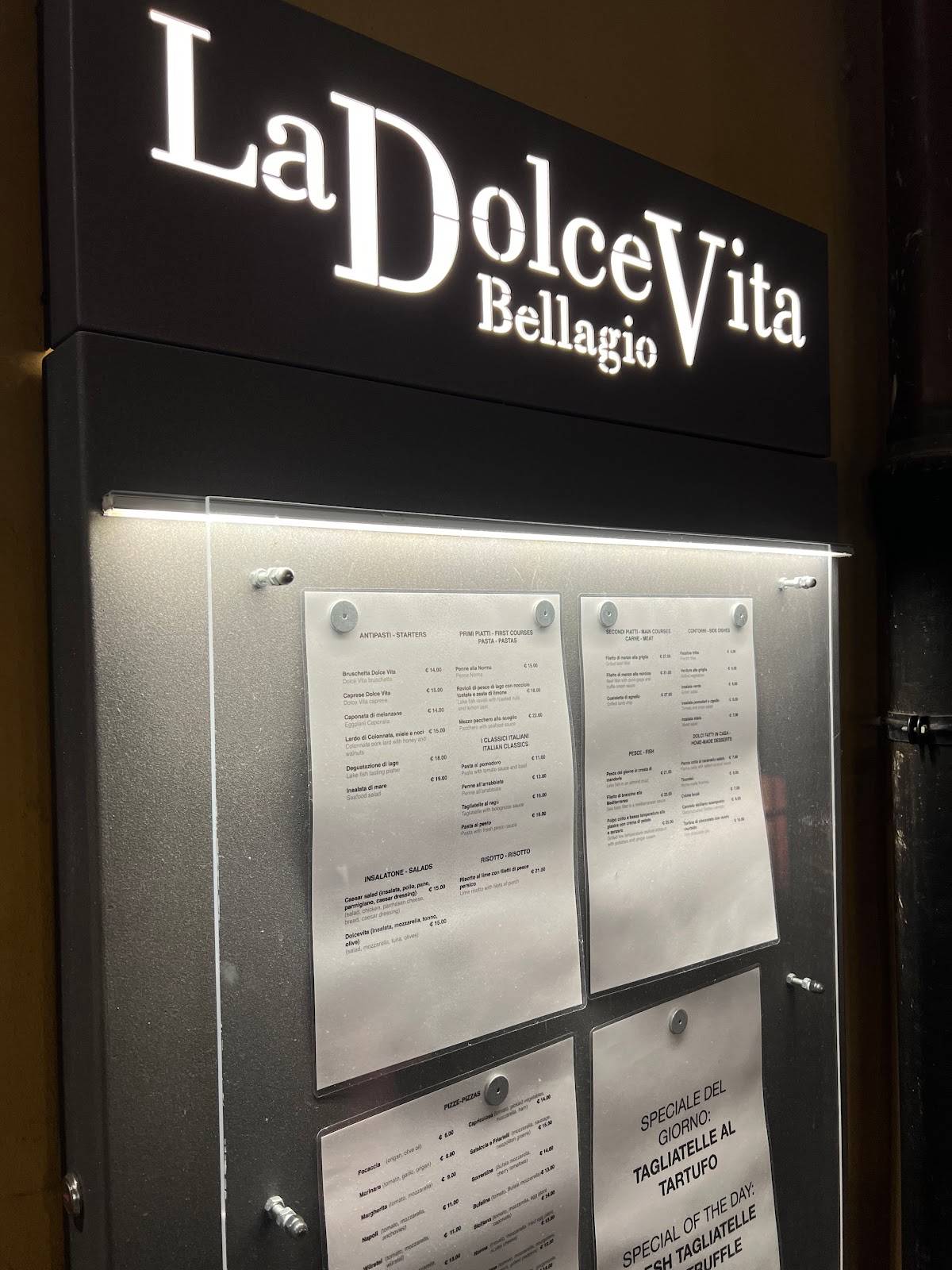 Menu au La Dolce Vita restaurant, Bellagio