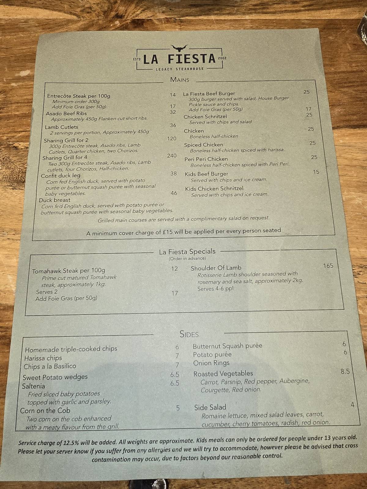 Menu at La Fiesta steakhouse, London, 235 Golders Green Rd