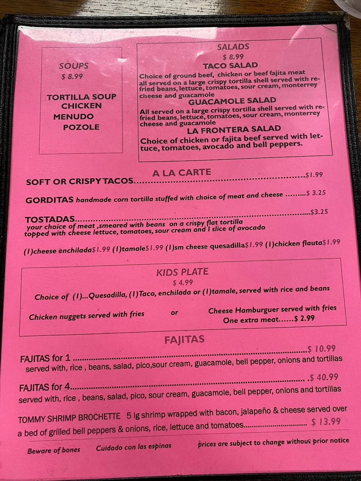 Menu at La Frontera restaurant, Santa Fe