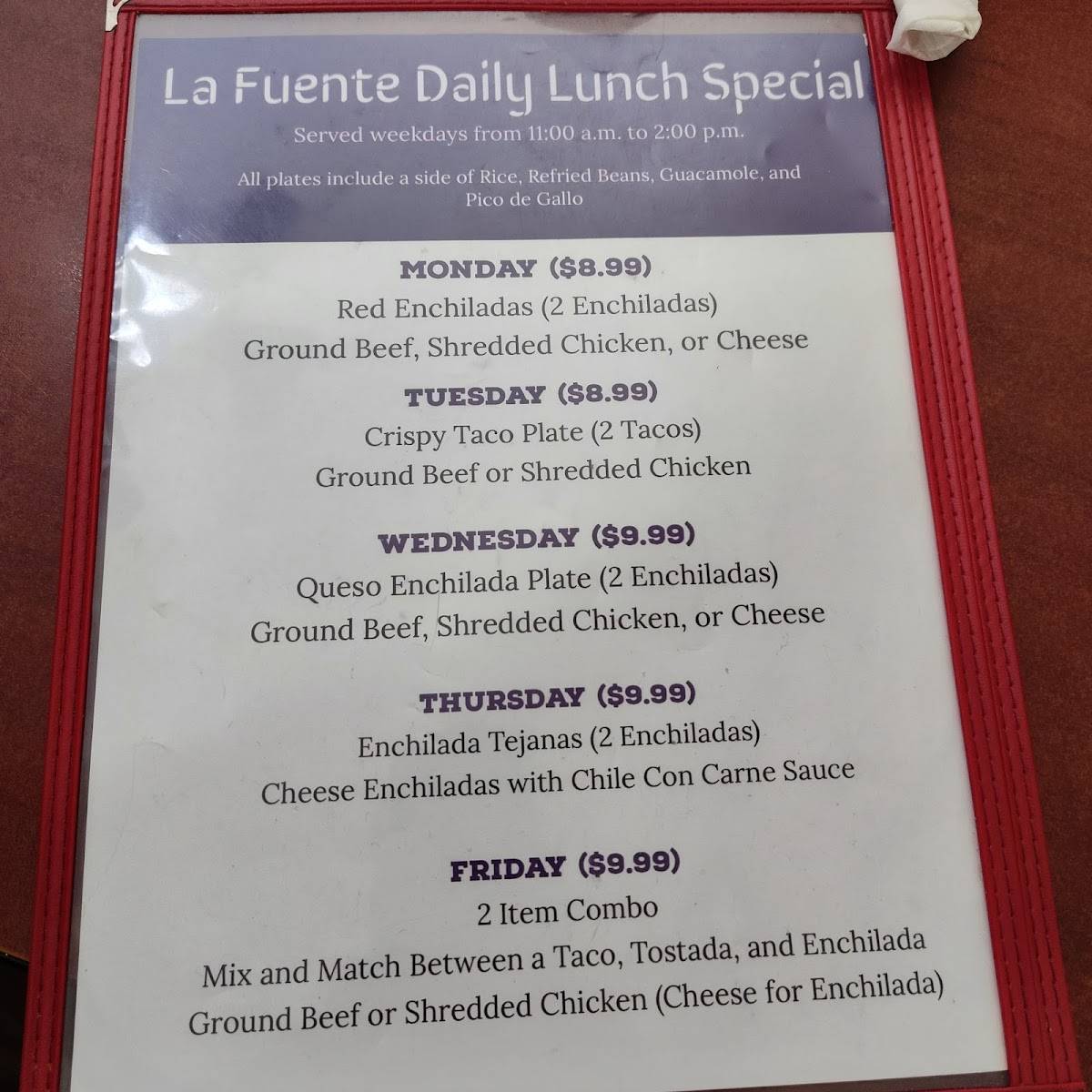 Menu at La Fuente Restaurant, Florence