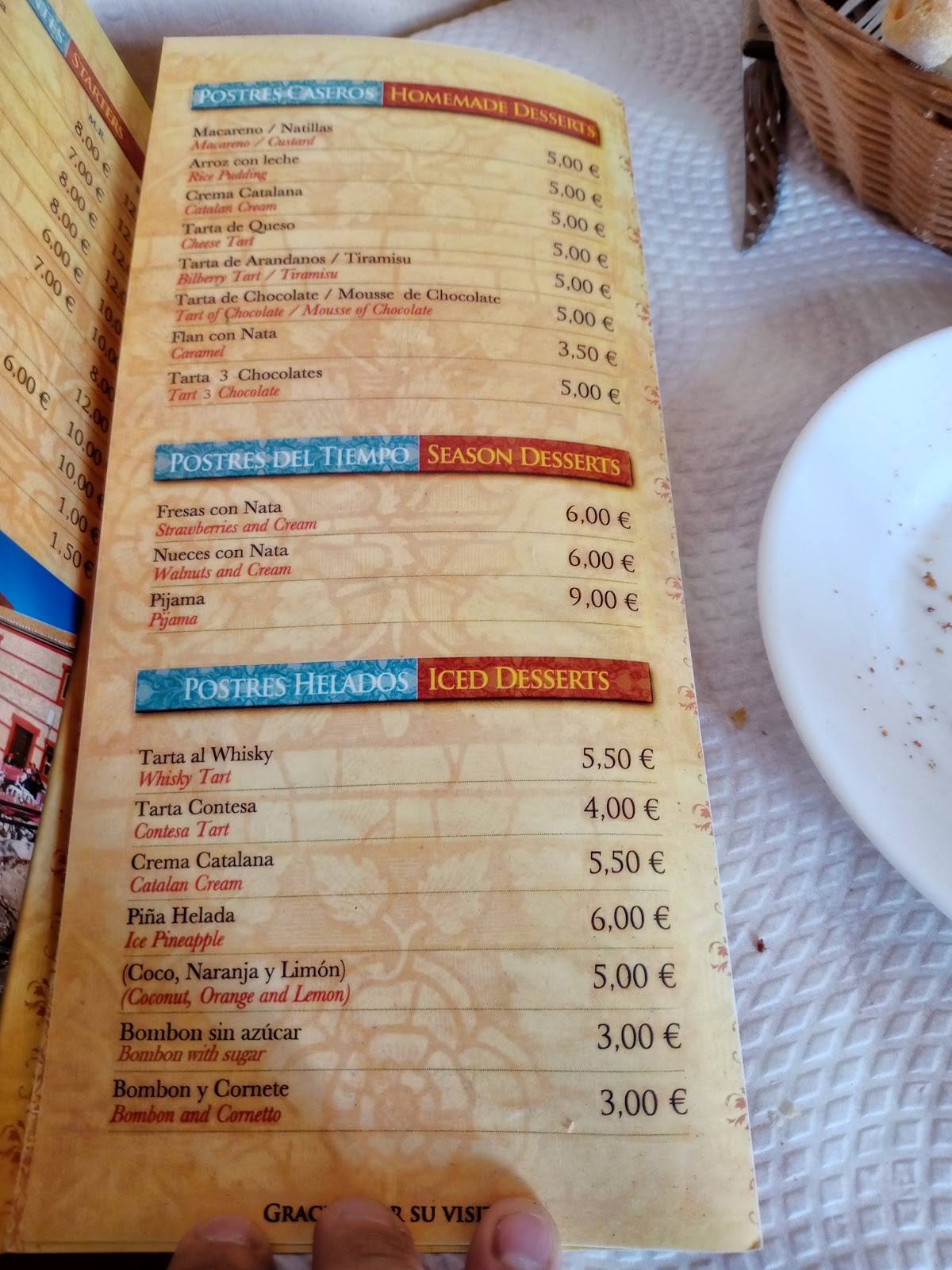 Carta de La Fuente del Hervidero. Restaurante Casa Macareno, España