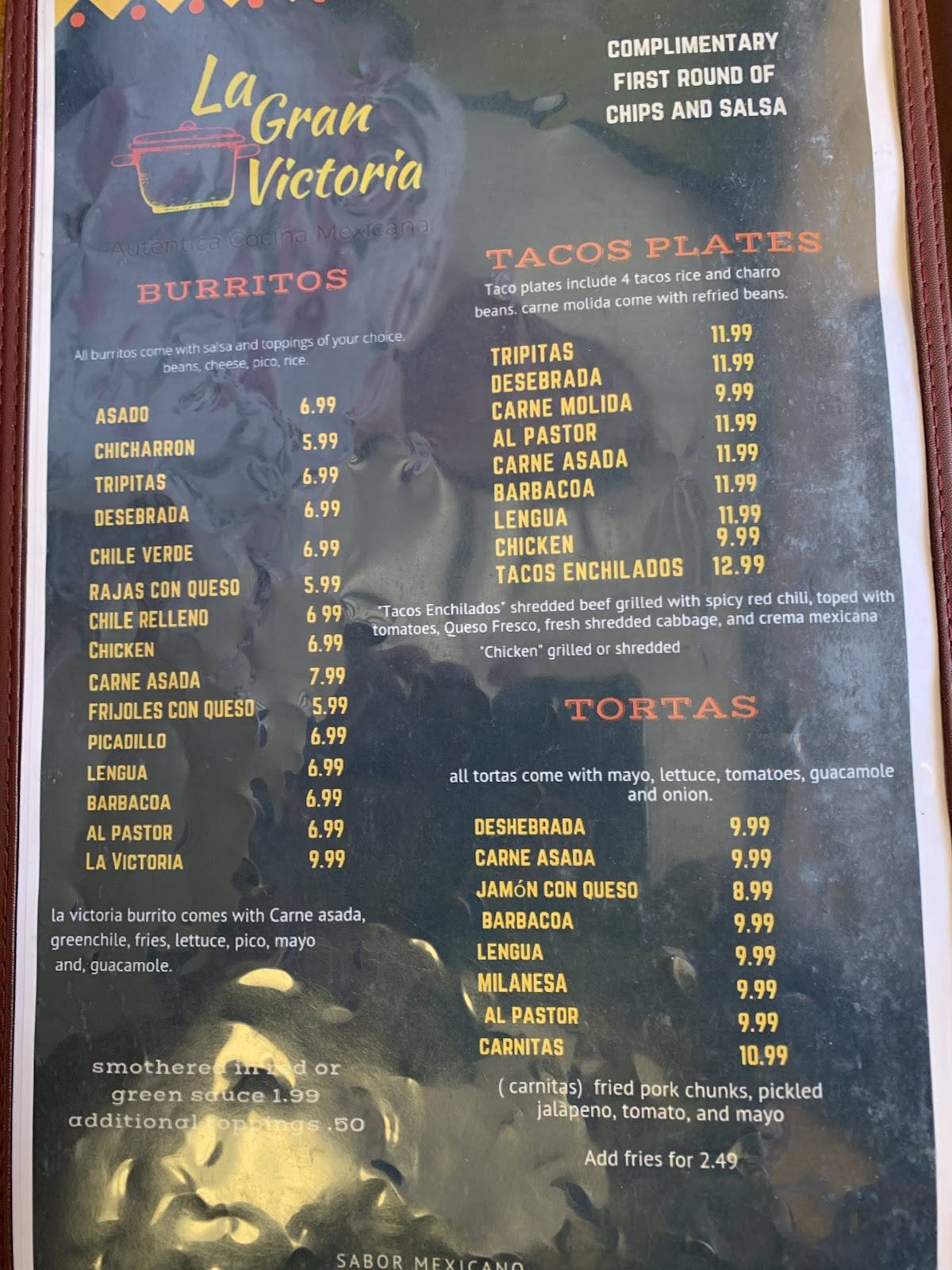 Menu at La Gran Victoria restaurant, Roswell