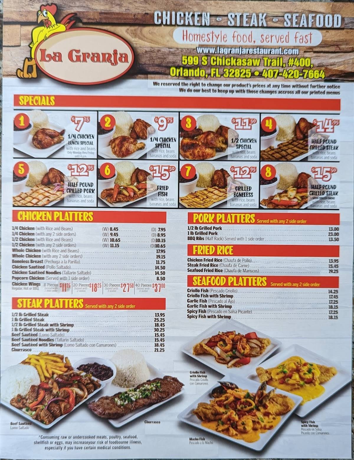 Menu at La Granja Chickasaw restaurant, Orlando